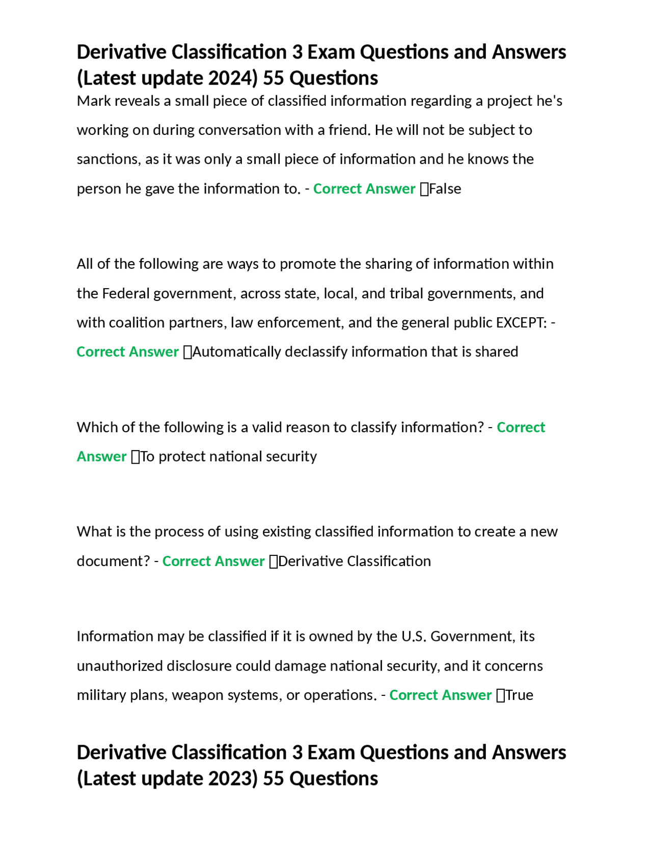 Derivative Classification 3 Exam Questions and Answers | Exams Nursing ...