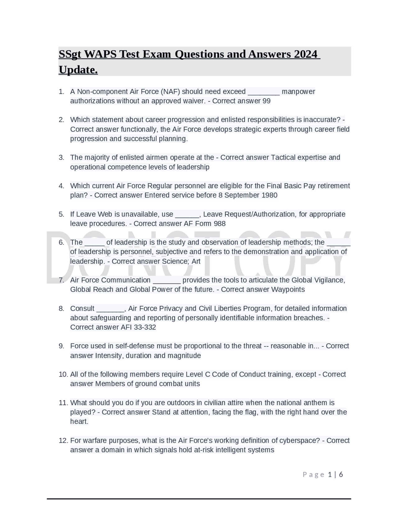 SSgt WAPS Test Exam Questions and Answers 2024 | Exams Phonetics and ...