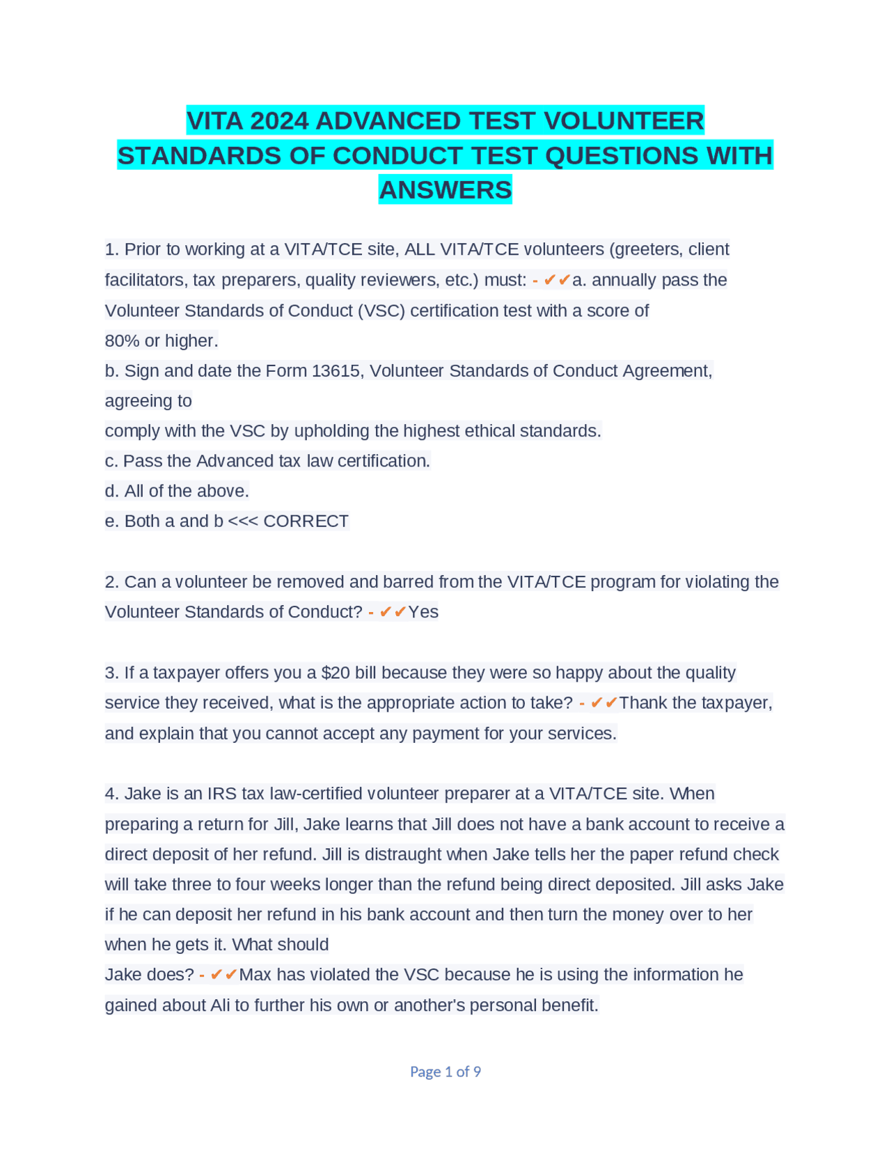 VITA 2024 ADVANCED TEST VOLUNTEER STANDARDS OF CONDUCT TEST QUESTIONS ...