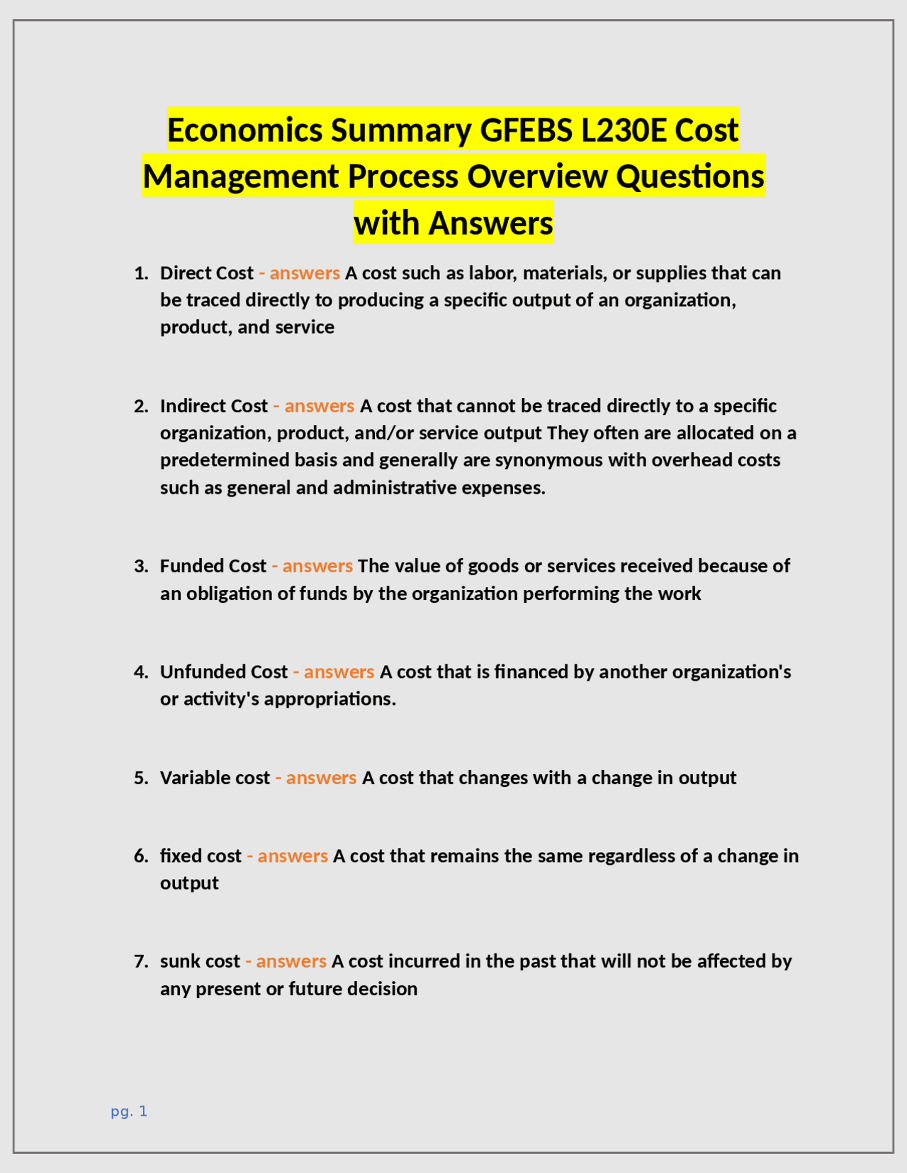 Cost Management Process Overview with Answers | Exams Economics | Docsity