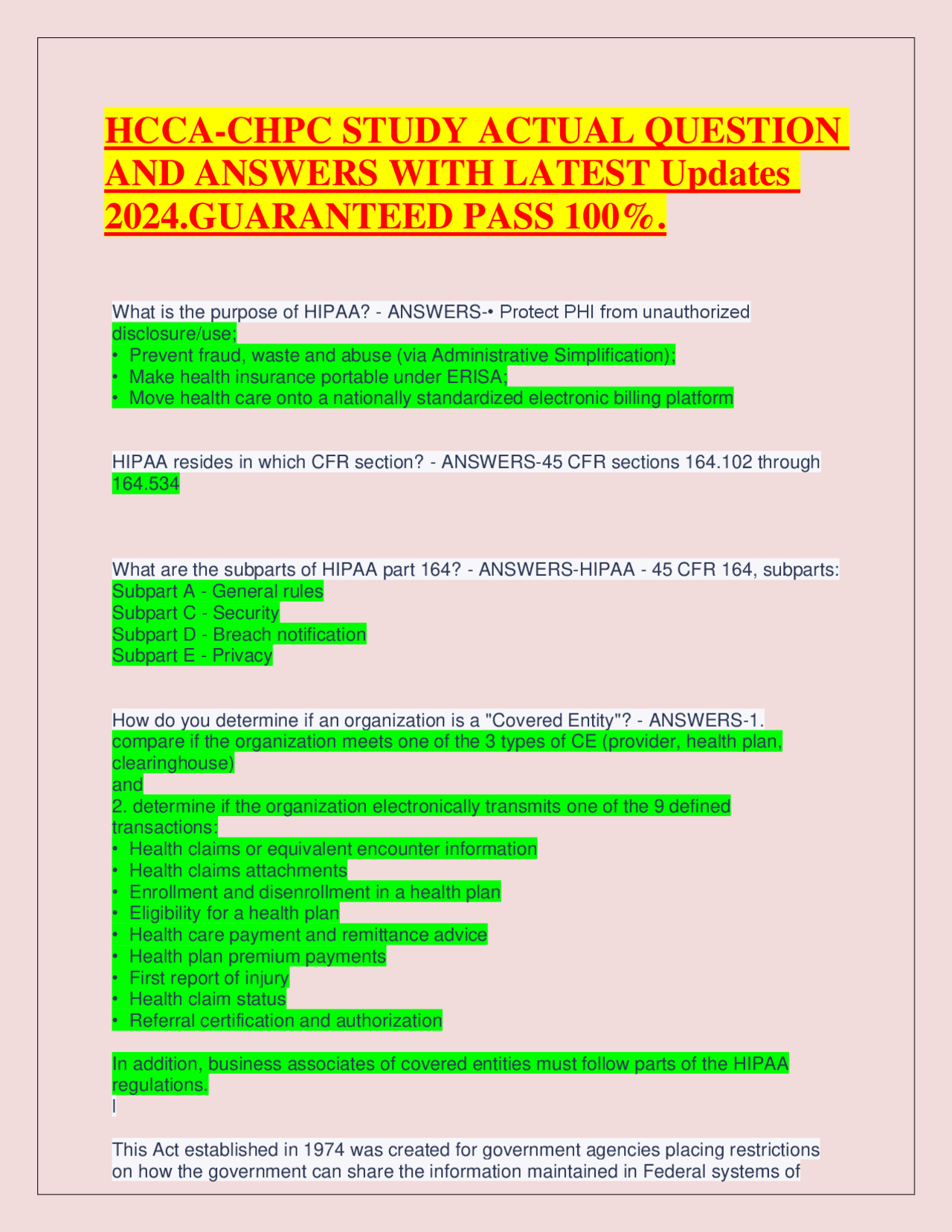 HCCA-CHPC STUDY ACTUAL QUESTION AND ANSWERS WITH LATEST Updates 2024 ...