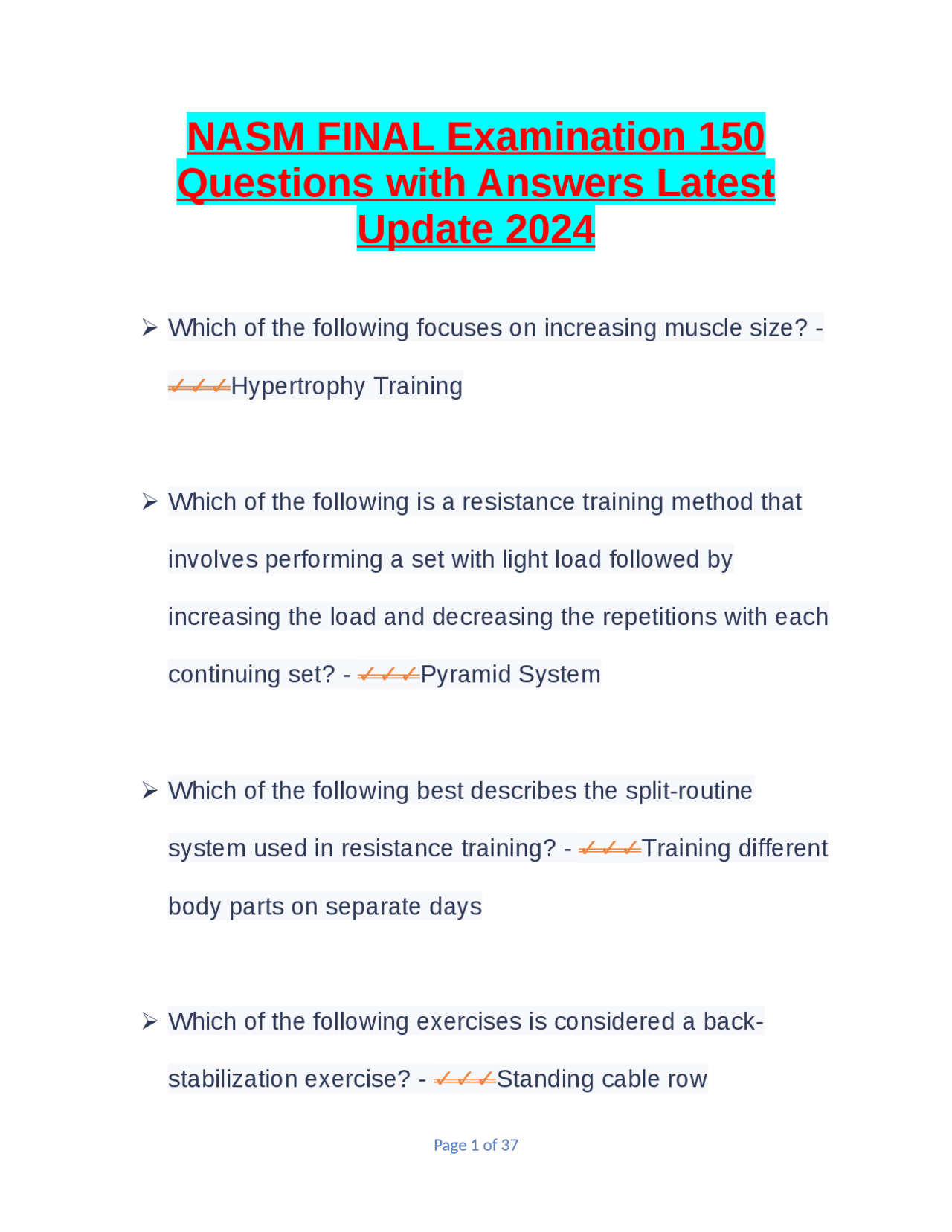 NASM FINAL Examination 150 Questions with Answers Latest Update 2024 ...