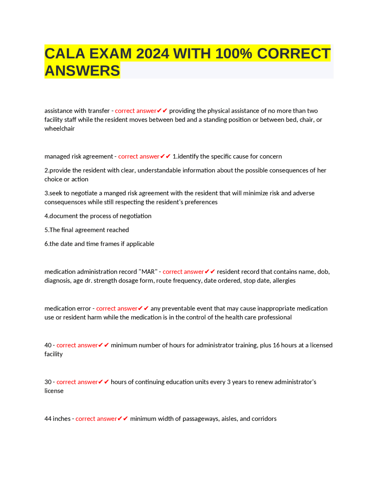 CALA TEST EXAM 2024 WITH 100% CORRECT ANSWERS | Exams Nursing | Docsity