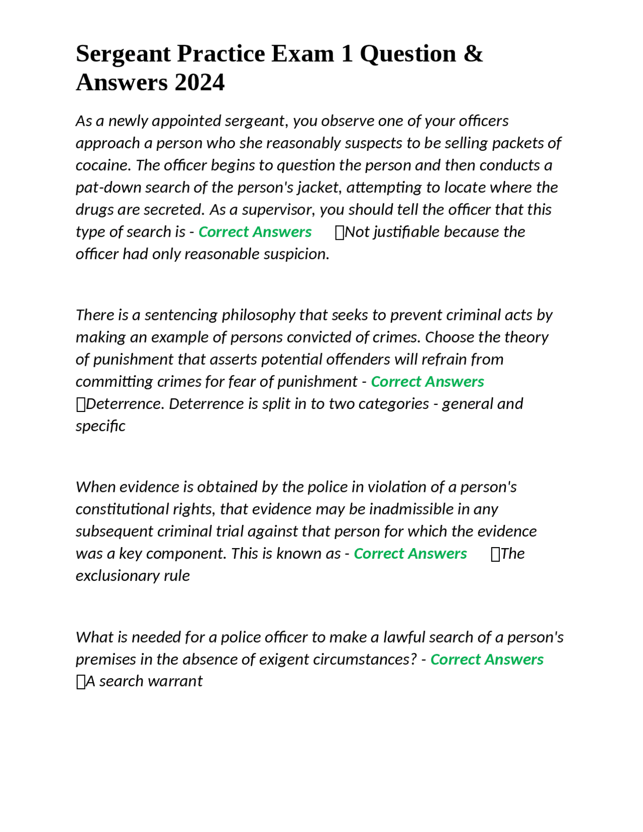 Sergeant Practice Exam 1 Question & Answers 2024 | Exams Nursing | Docsity