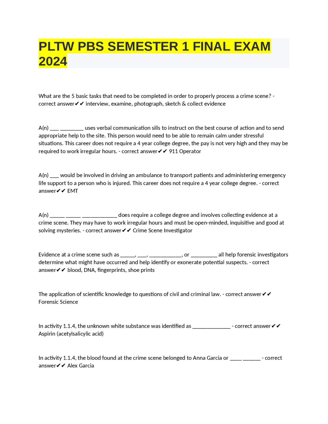 PLTW PBS SEMESTER 1 FINAL EXAM 2024 | Exams Nursing | Docsity