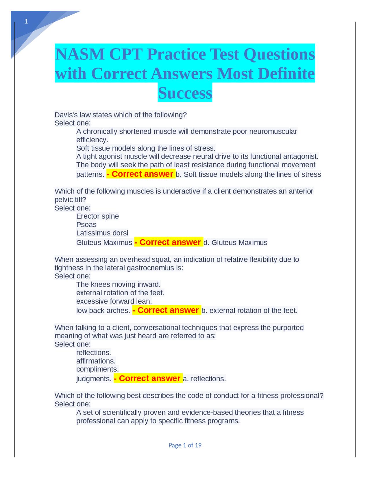 NASM CPT Practice Test Questions with Answers | Exams Nursing | Docsity