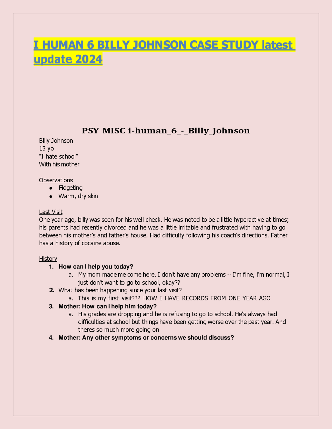 I HUMAN 6 BILLY JOHNSON CASE STUDY latest update 2024 | Exams Nursing ...