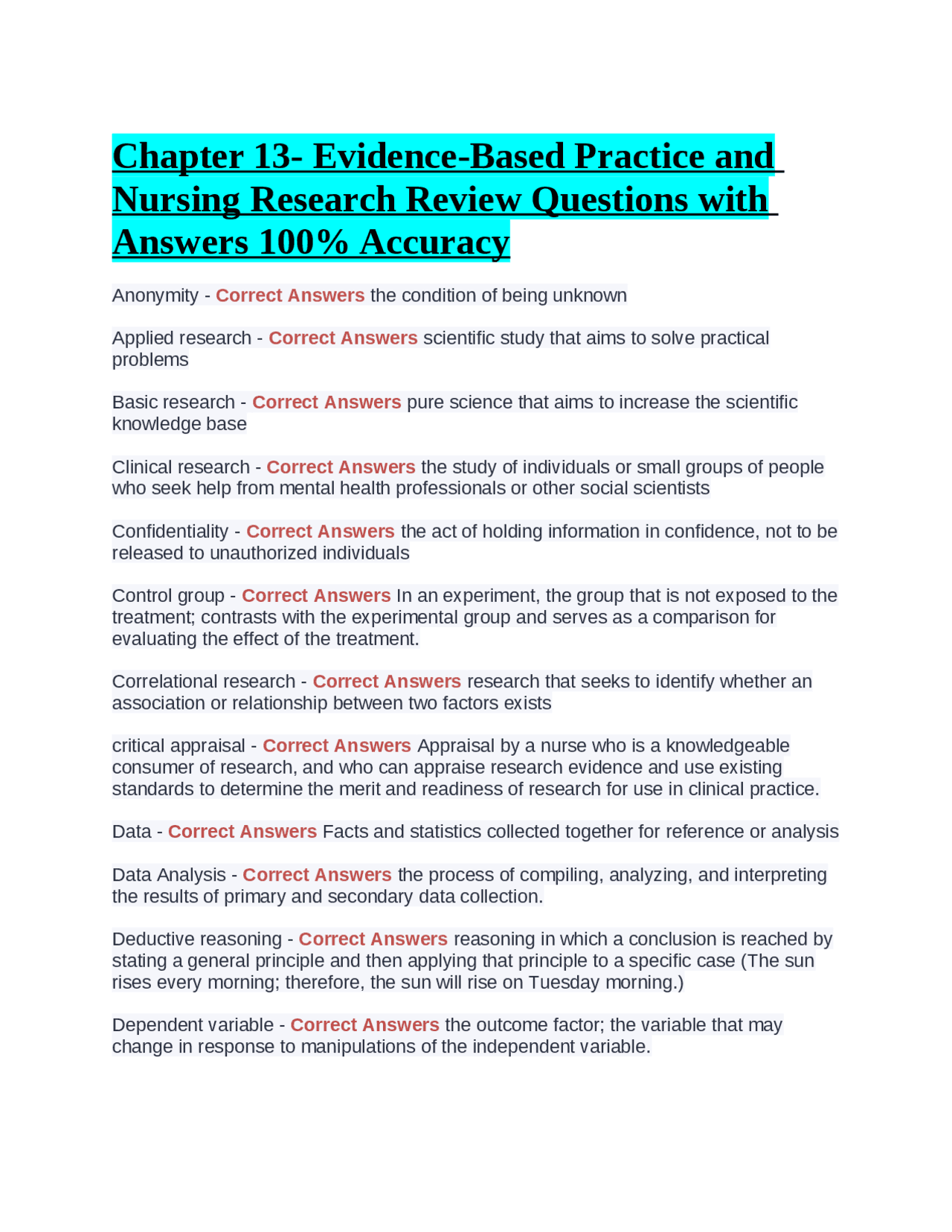 Chapter 13- Evidence-Based Practice and Nursing Research Review ...