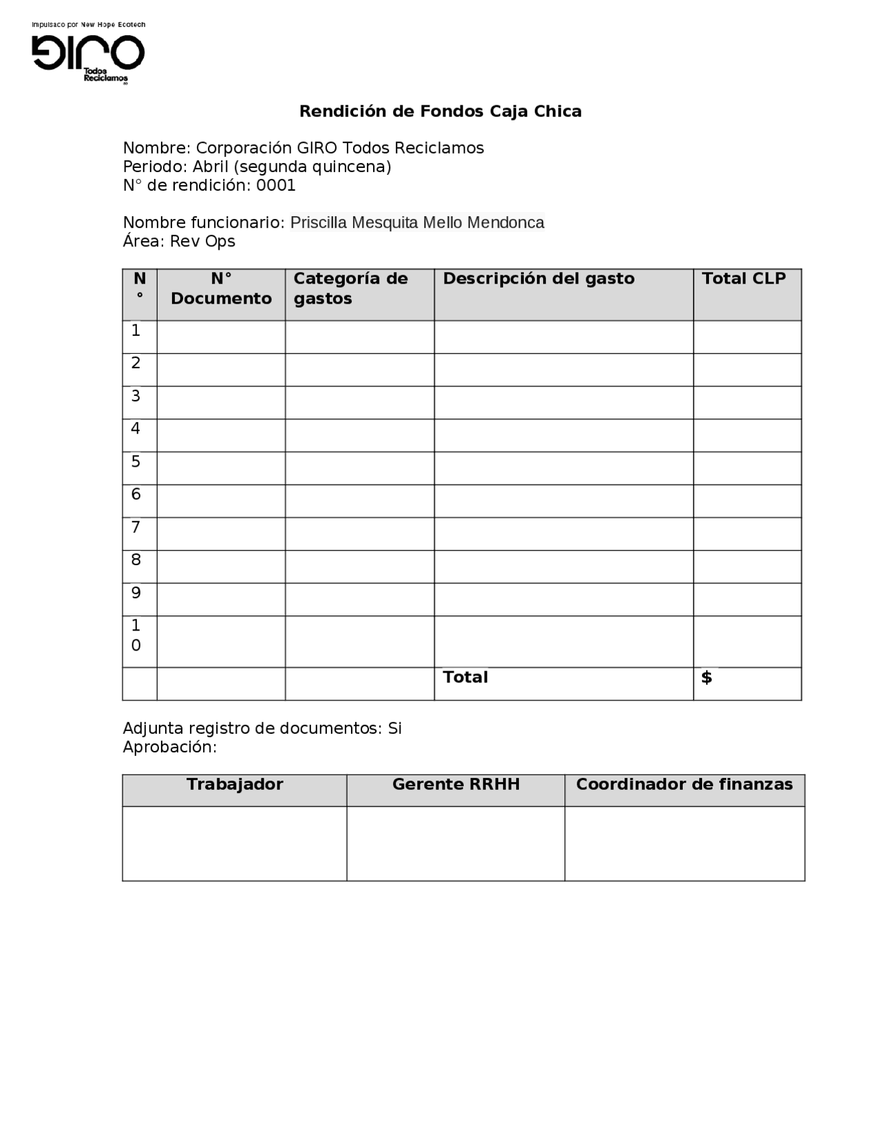 Planilla de rendicion de gastos | Ejercicios de Gestión Financiera | Docsity