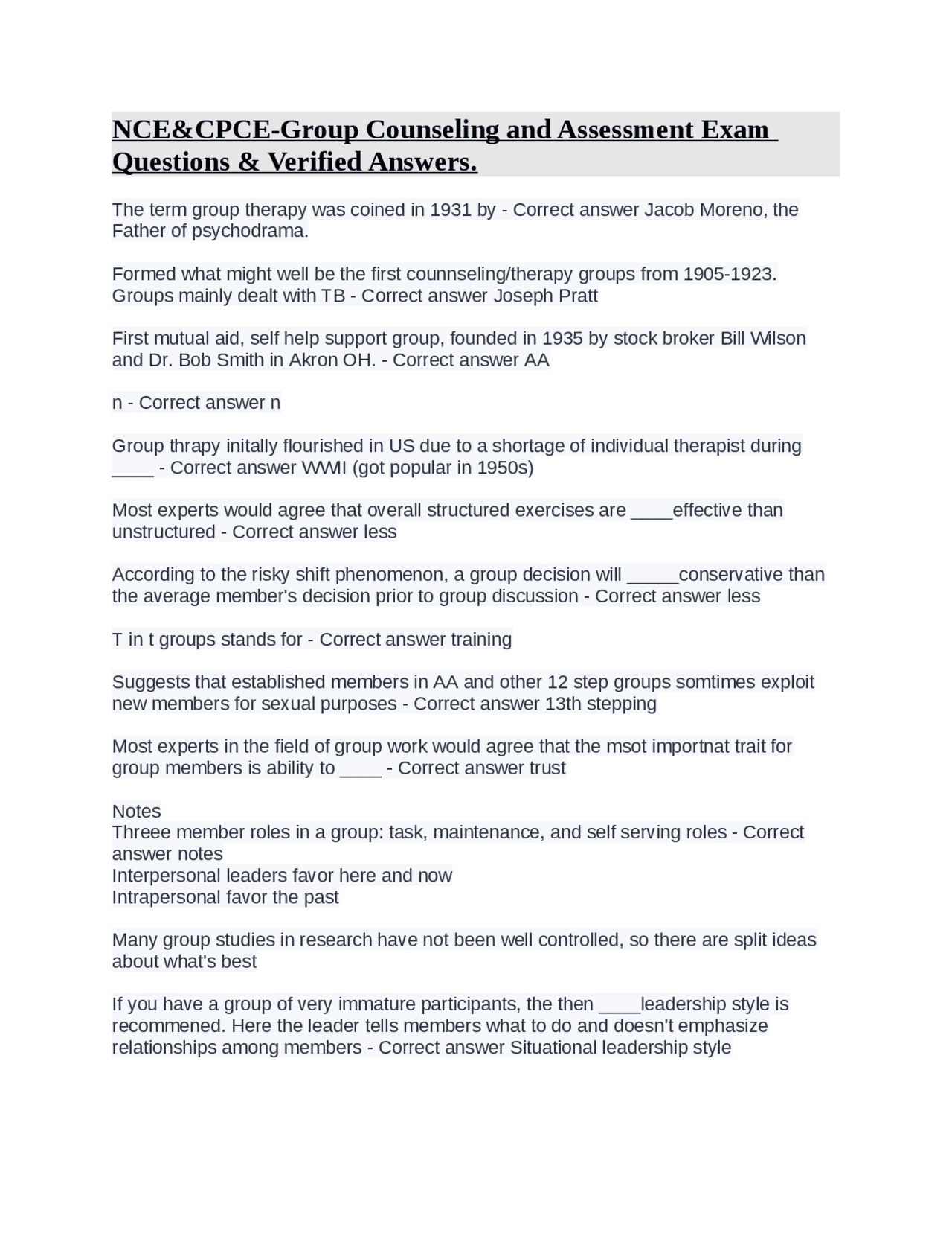 NCE&CPCE-Group Counseling and Assessment Exam Questions & Verified ...