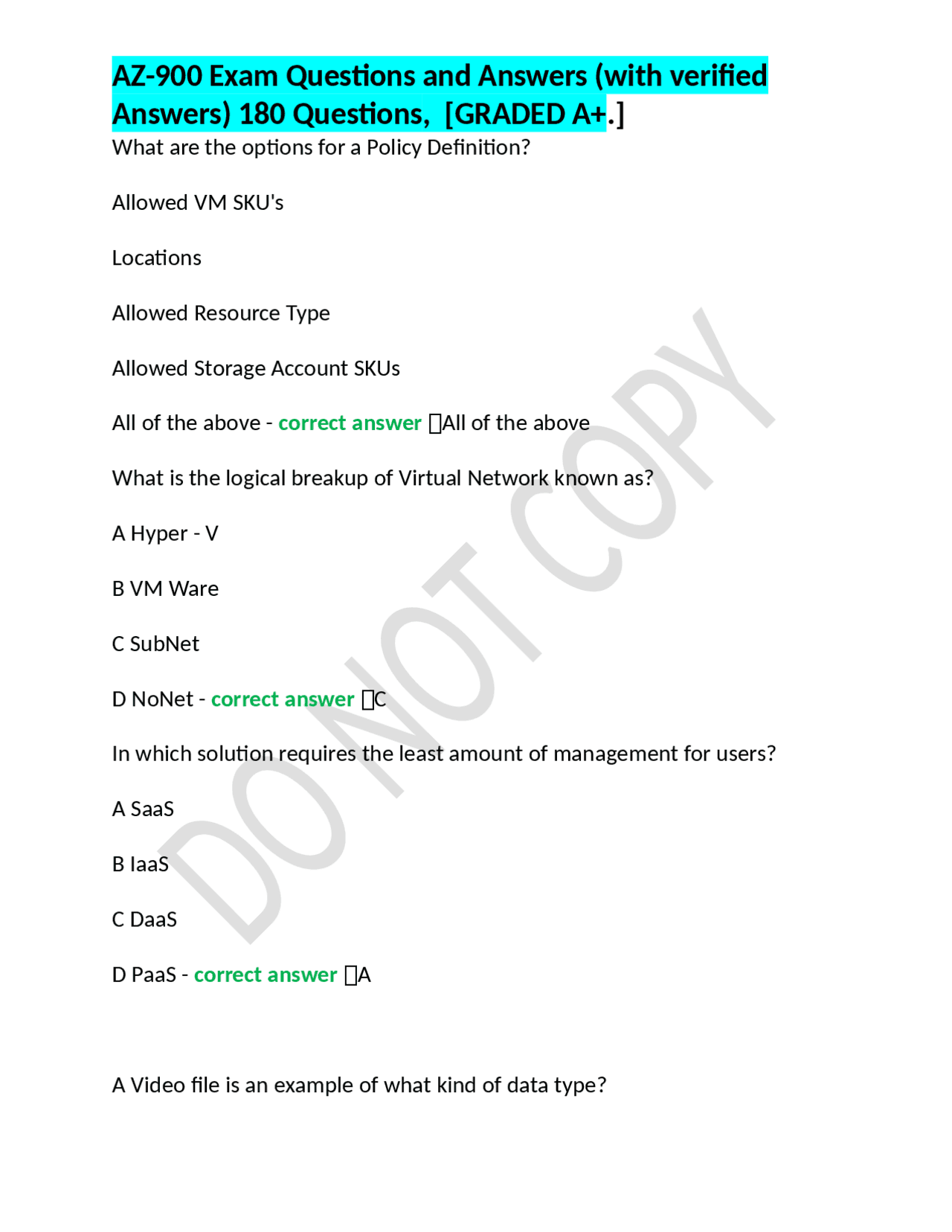 AZ-900 Exam Questions and Answers (with verified Answers) 180 Questions, [GRADED A+.] | Exams ...