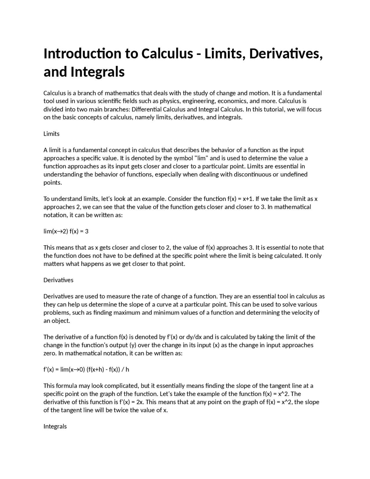 Introduction to Calculus - Limits, Derivatives, and Integrals | Study ...