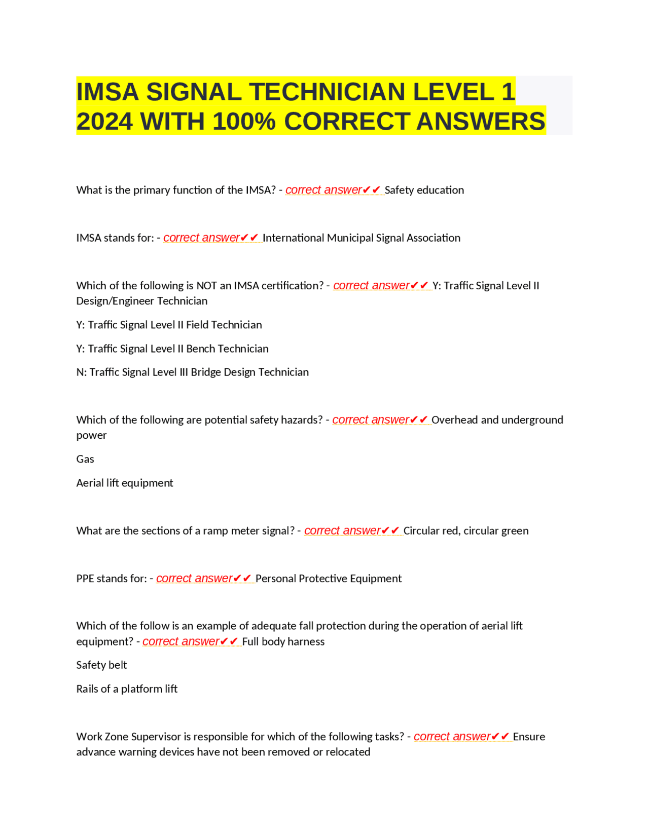 IMSA SIGNAL TECHNICIAN LEVEL 1 2024 WITH 100% CORRECT ANSWERS | Exams ...