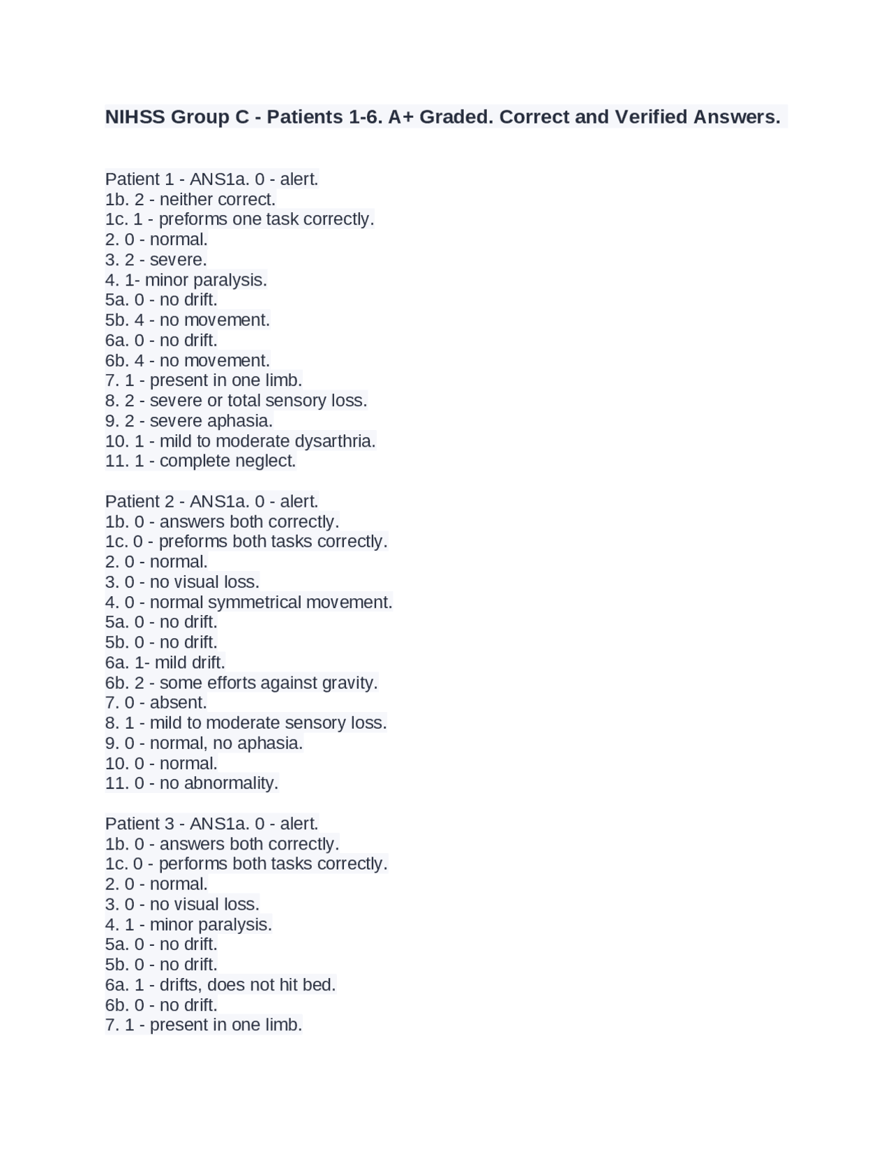 NIHSS Group C - Patients 1-6. A+ Graded. Correct and Verified Answers ...