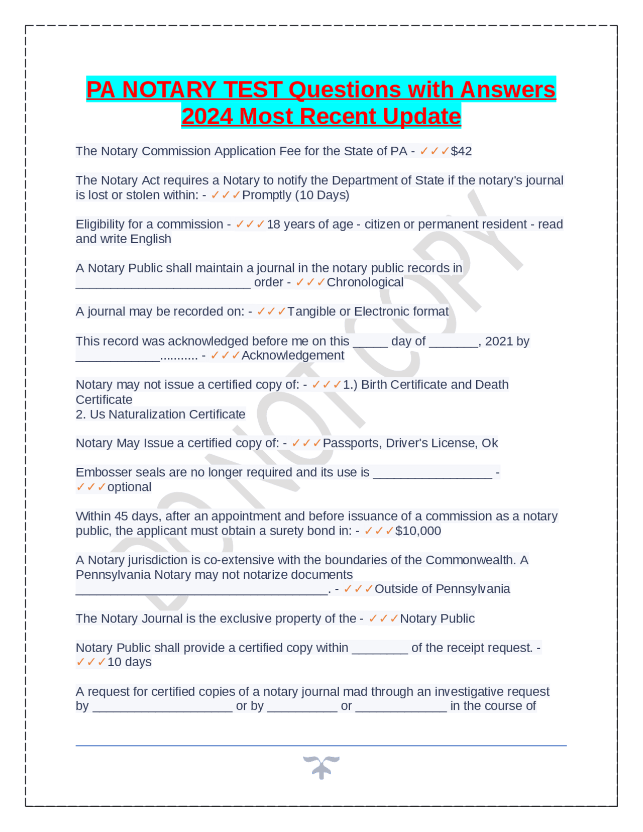 PA NOTARY TEST Questions with Answers 2024 Most Recent Update | Exams ...