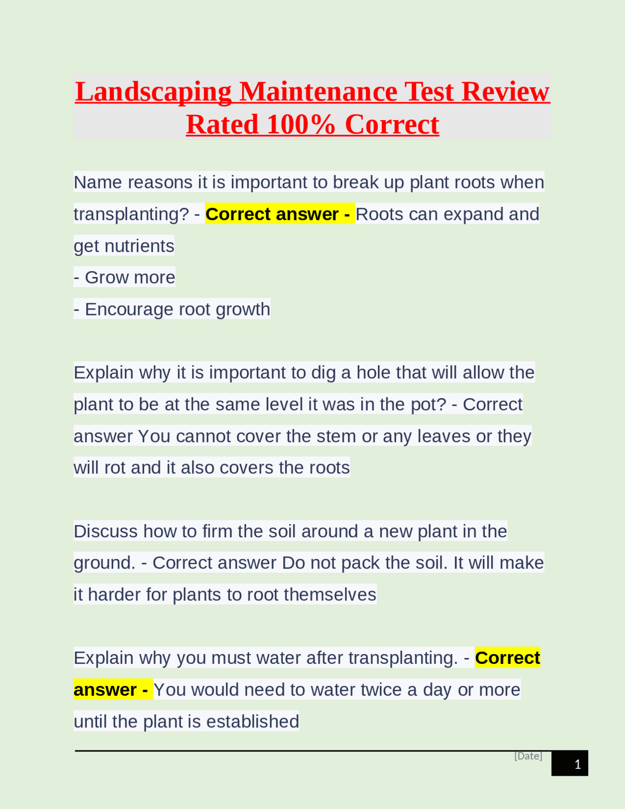 Landscaping Maintenance Test Review Rated 100% Correct | Exams Nursing ...