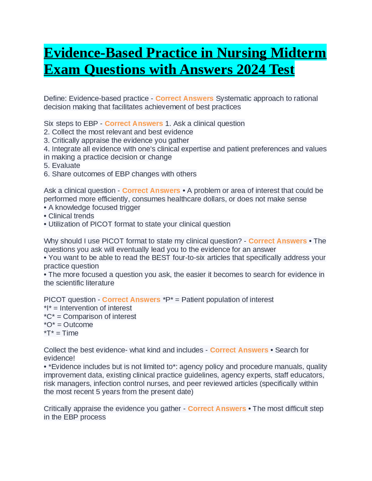 Evidence-Based Practice in Nursing: Midterm Exam Questions and Answers ...
