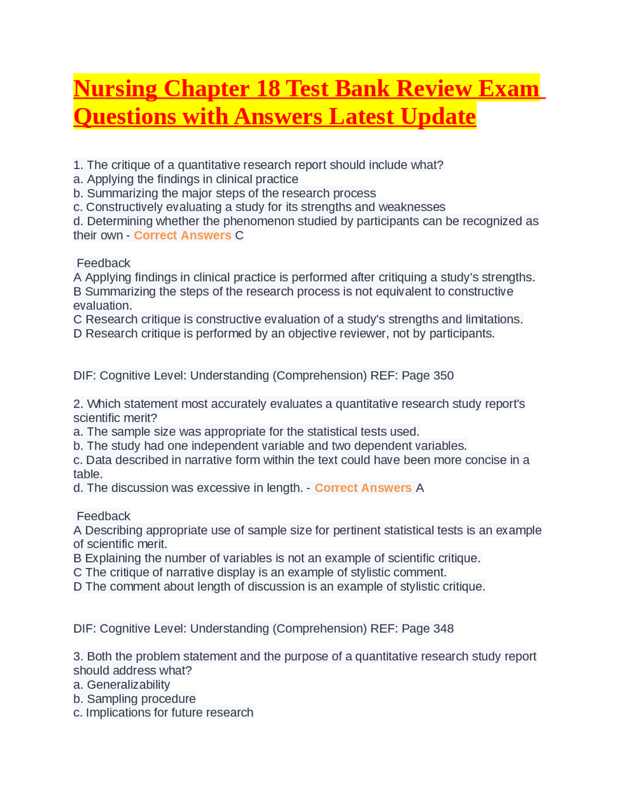 Nursing Chapter 18 Test Bank Review Exam Questions with Answers Latest ...