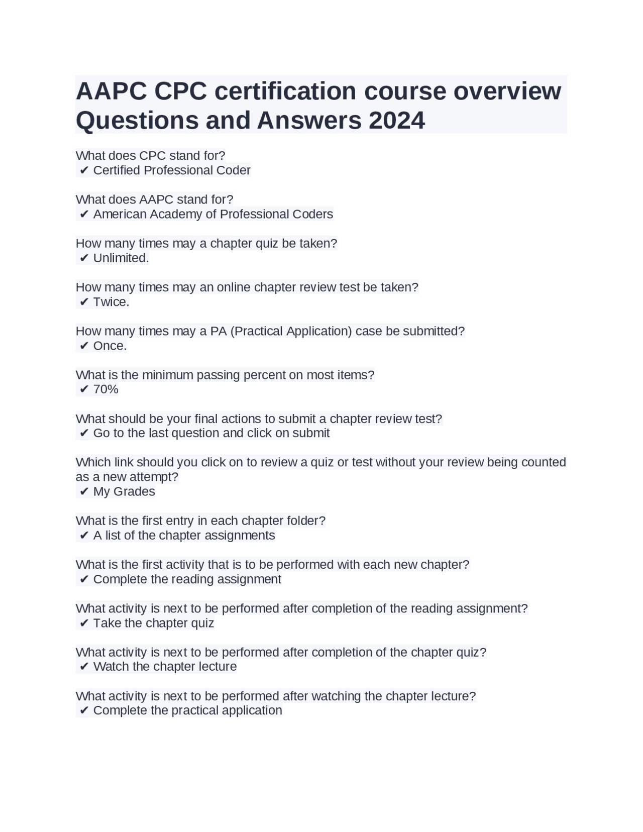 AAPC CPC certification course overview Questions and Answers 2024 ...