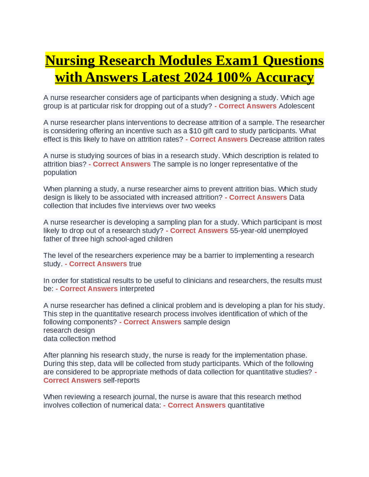 Nursing Research Modules Exam1 Questions and Answers | Exams Nursing ...