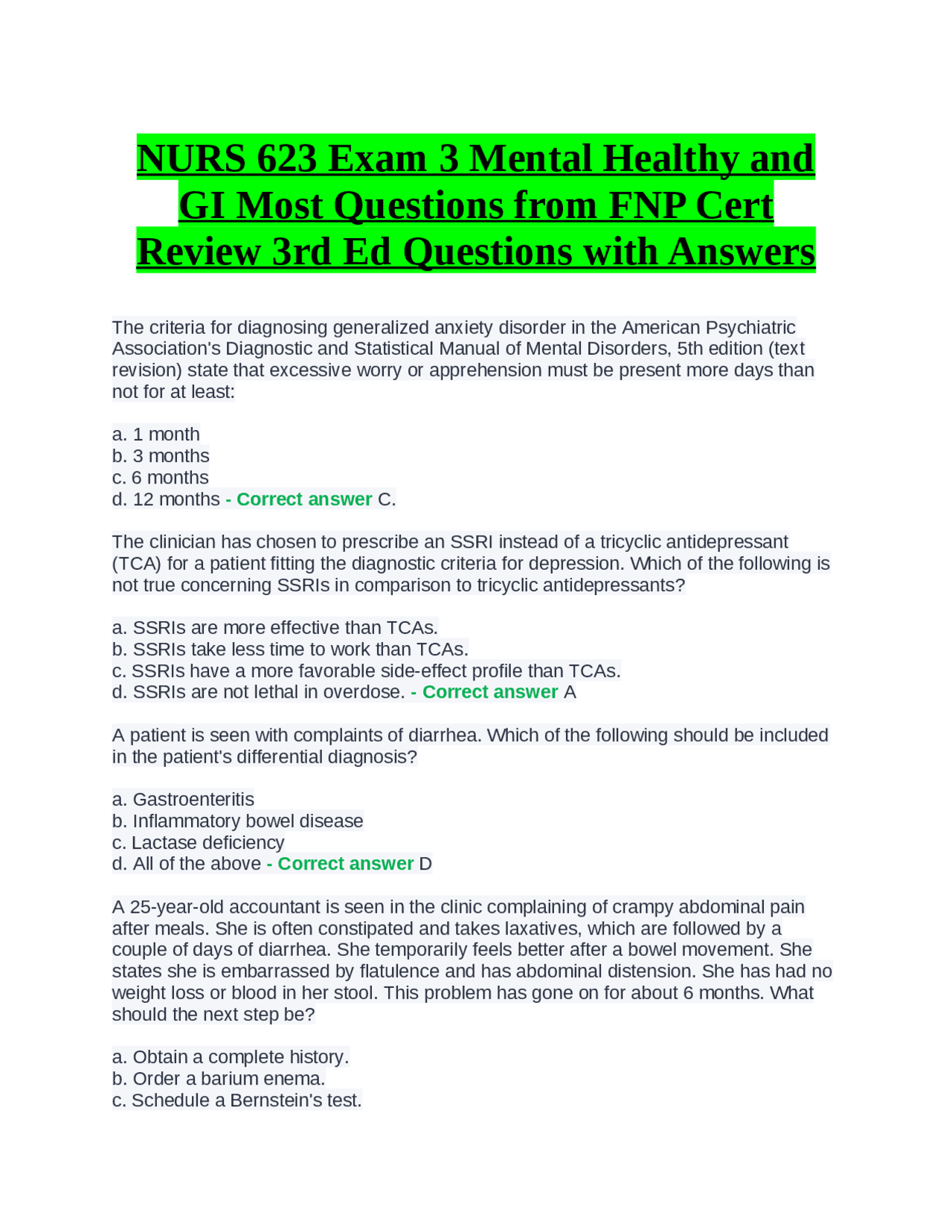 NURS 623 Exam 3 Mental Healthy and GI Most Questions from FNP Cert ...