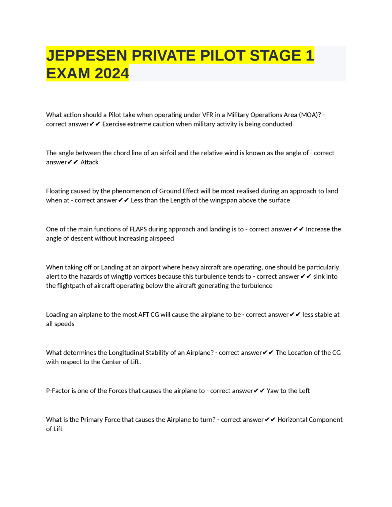 JEPPESEN PRIVATE PILOT STAGE 1 EXAM 2024 | Exams Transport economics | Docsity