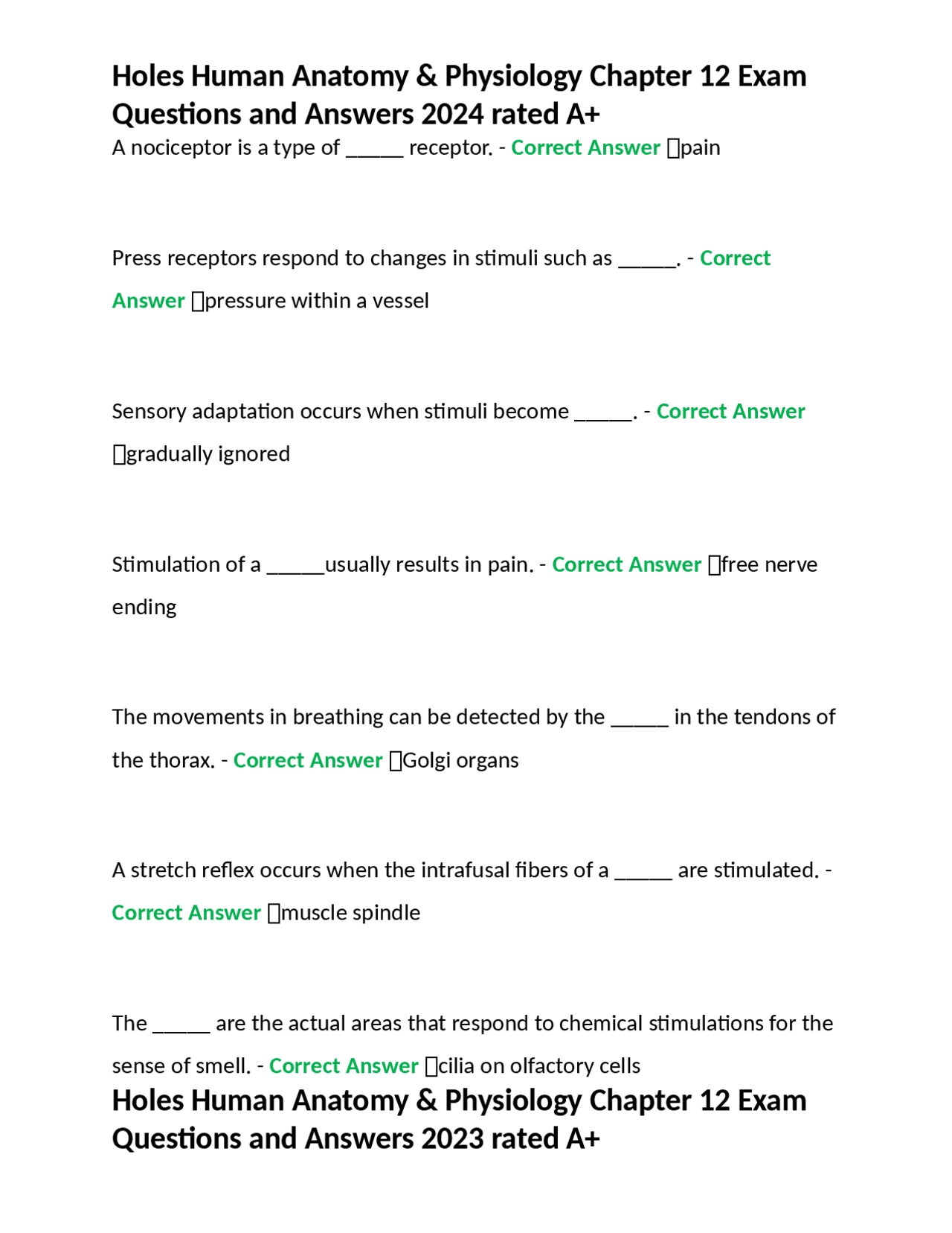 Holes Human Anatomy & Physiology Chapter 12 Exam Questions and Answers ...