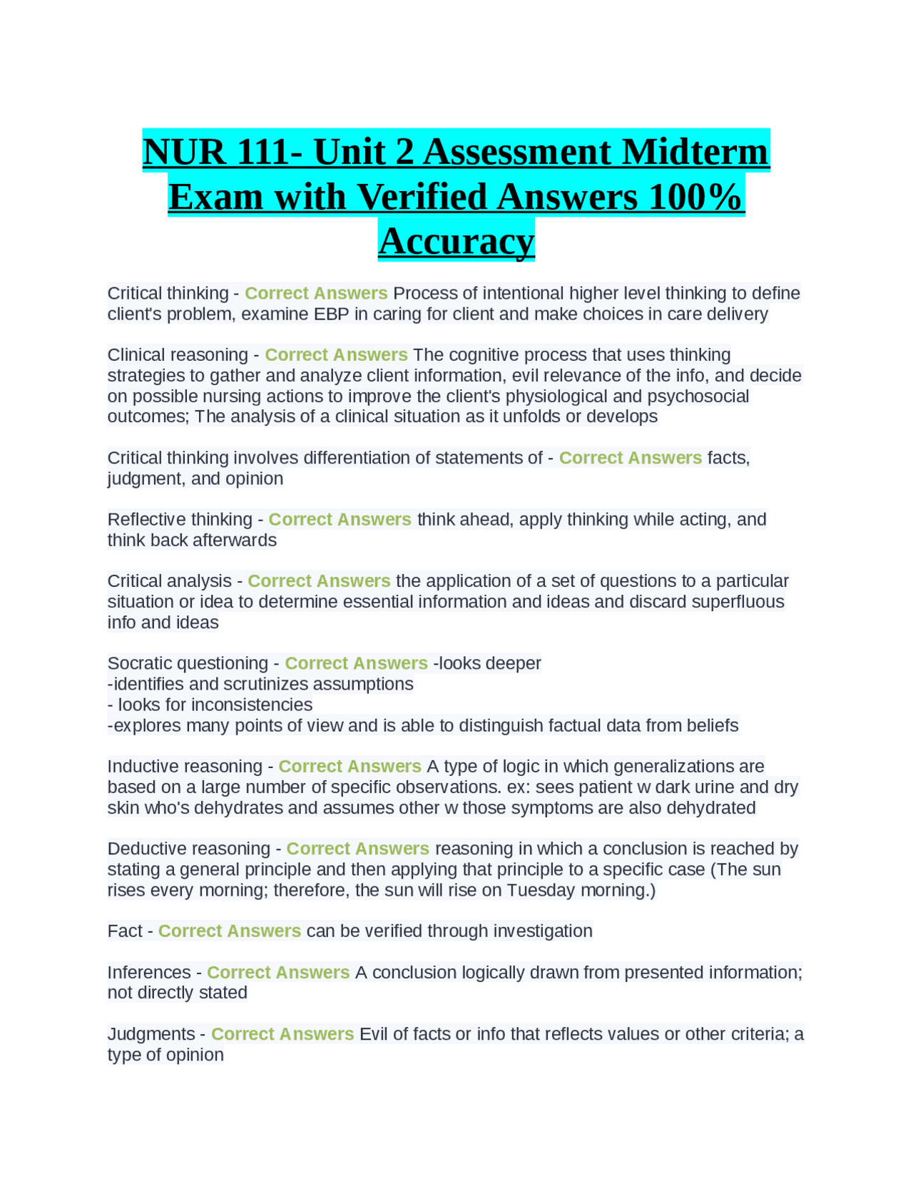 NUR 111- Unit 2 Assessment Midterm Exam with Verified Answers 100% ...