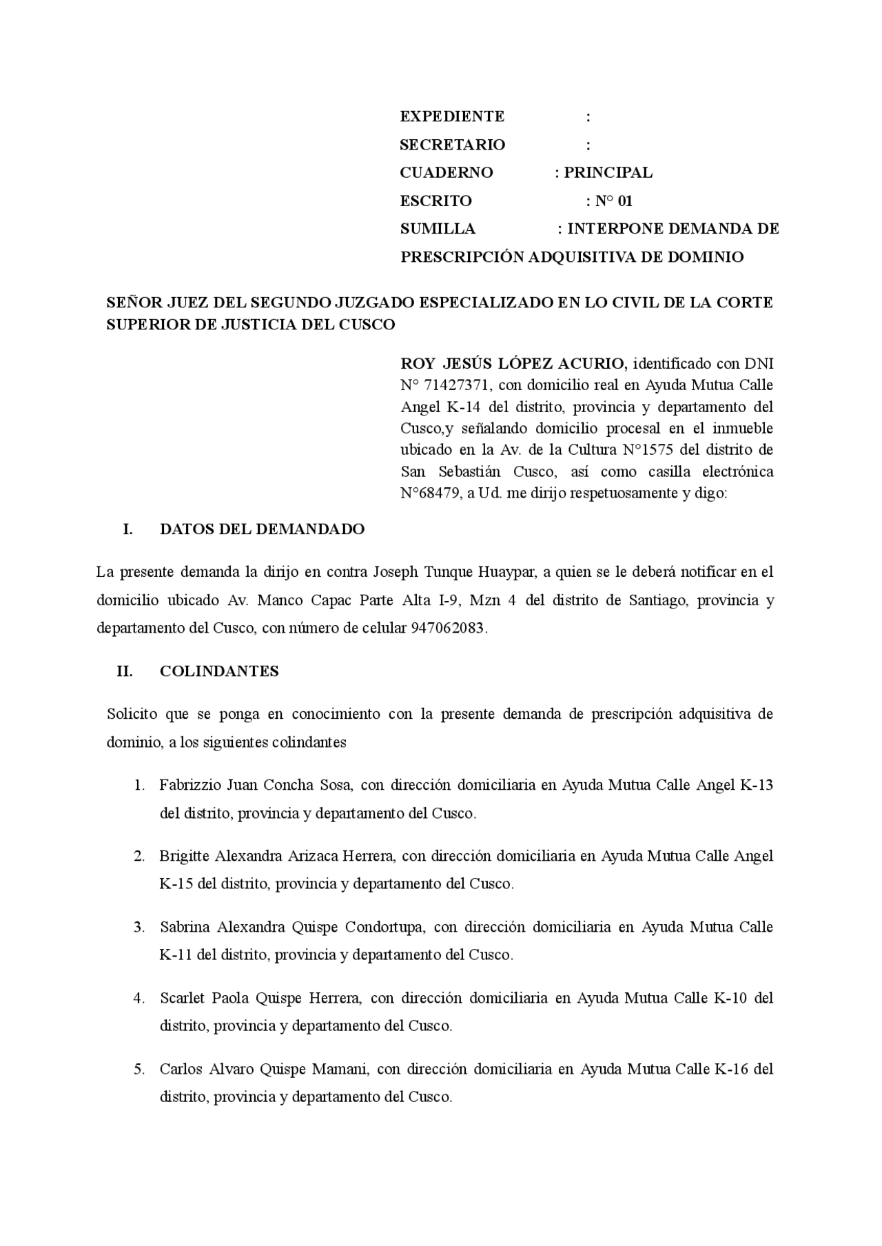 Demanda Proceso Abreviado | Exámenes de Derecho Procesal Civil | Docsity