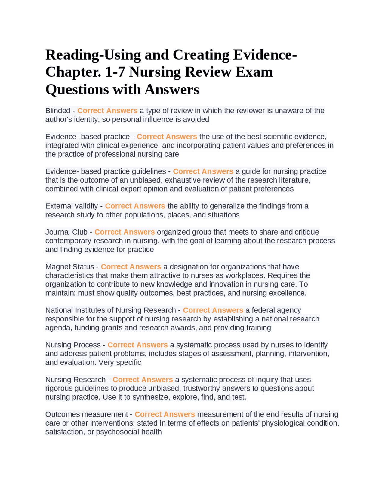 Reading-Using and Creating Evidence- Chapter. 1-7 Nursing Review Exam ...