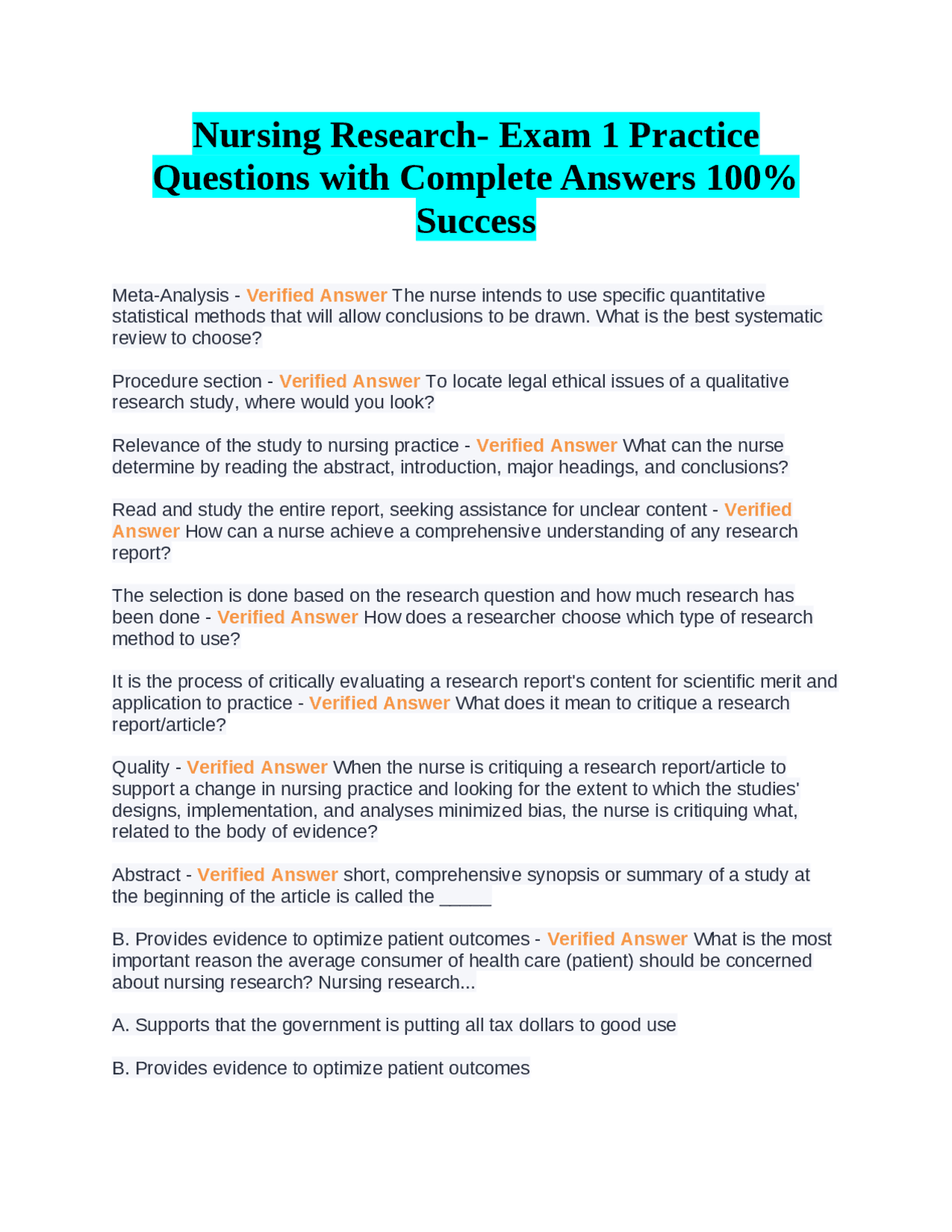 Nursing Research- Exam 1 Practice Questions with Complete Answers 100% ...