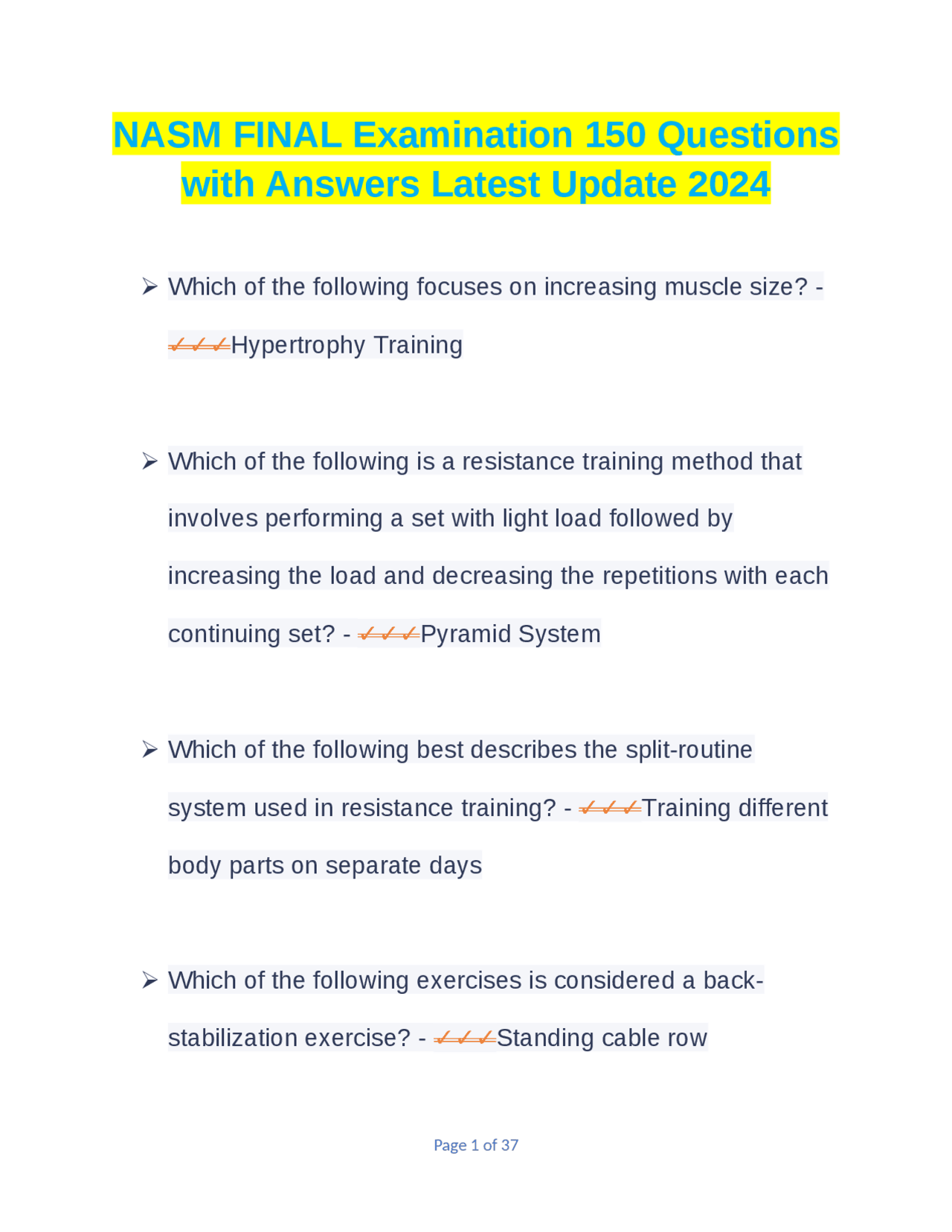 NASM FINAL Examination Study Guide for Optimum Performance Training ...