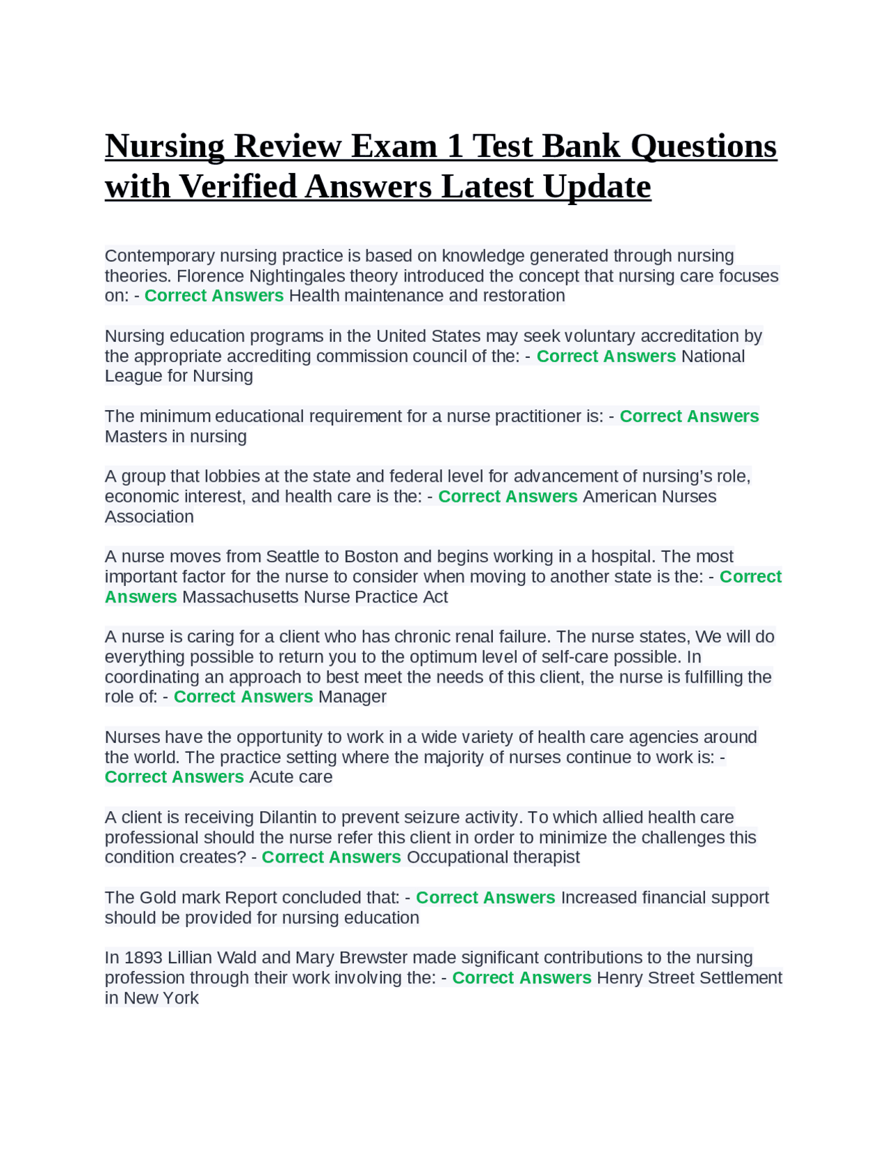 Nursing Review Exam 1 Test Bank Questions with Verified Answers Latest ...