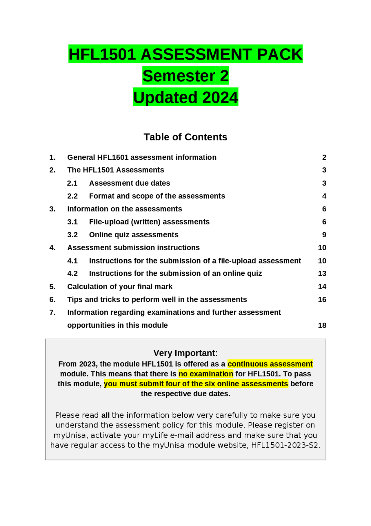 HFL1501 Assessment Information: Continuous Assessment Module Guide | Assignments Nursing | Docsity