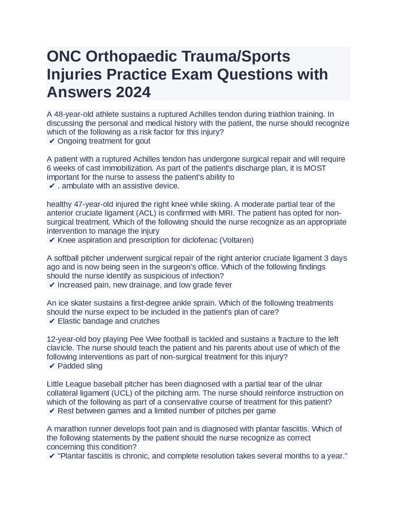ONC Orthopaedic Trauma/Sports Injuries Practice Exam Questions with ...