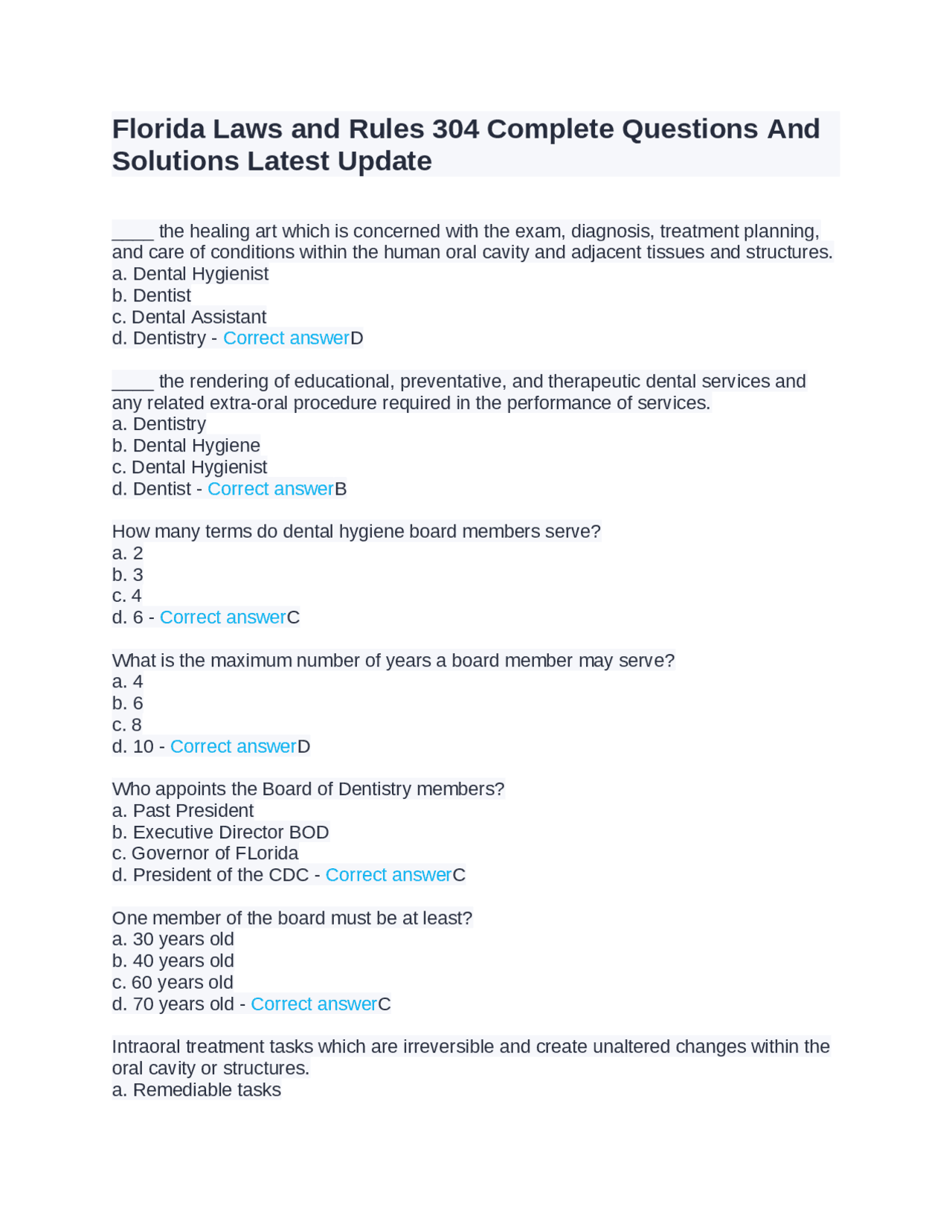 Florida Laws and Rules 304 Complete Questions And Solutions Latest ...