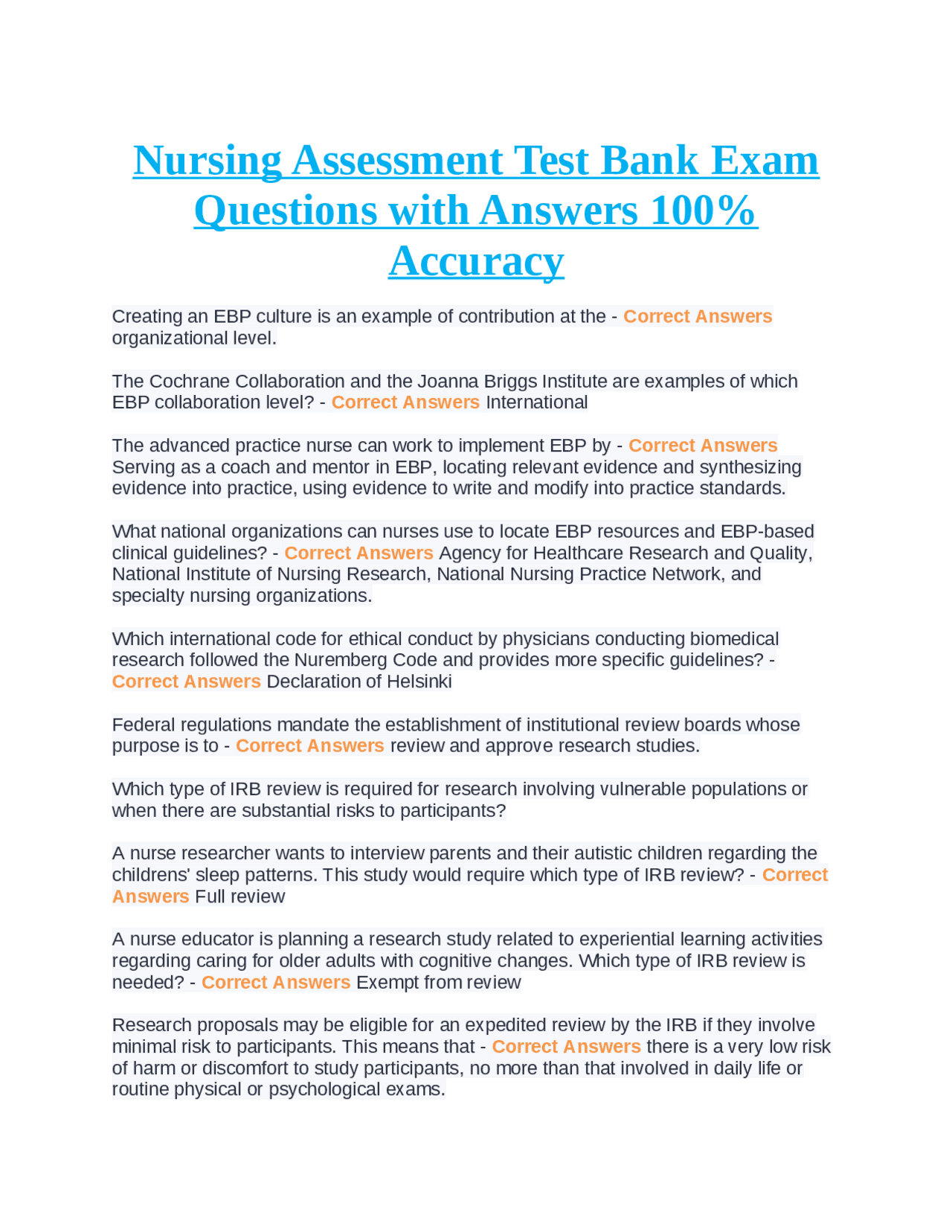 Nursing Assessment Test Bank Exam Questions with Answers 100% Accuracy ...