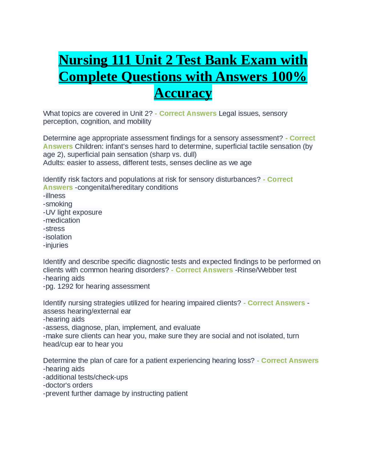 Nursing 111 Unit 2 Test Bank Exam with Complete Questions with Answers ...