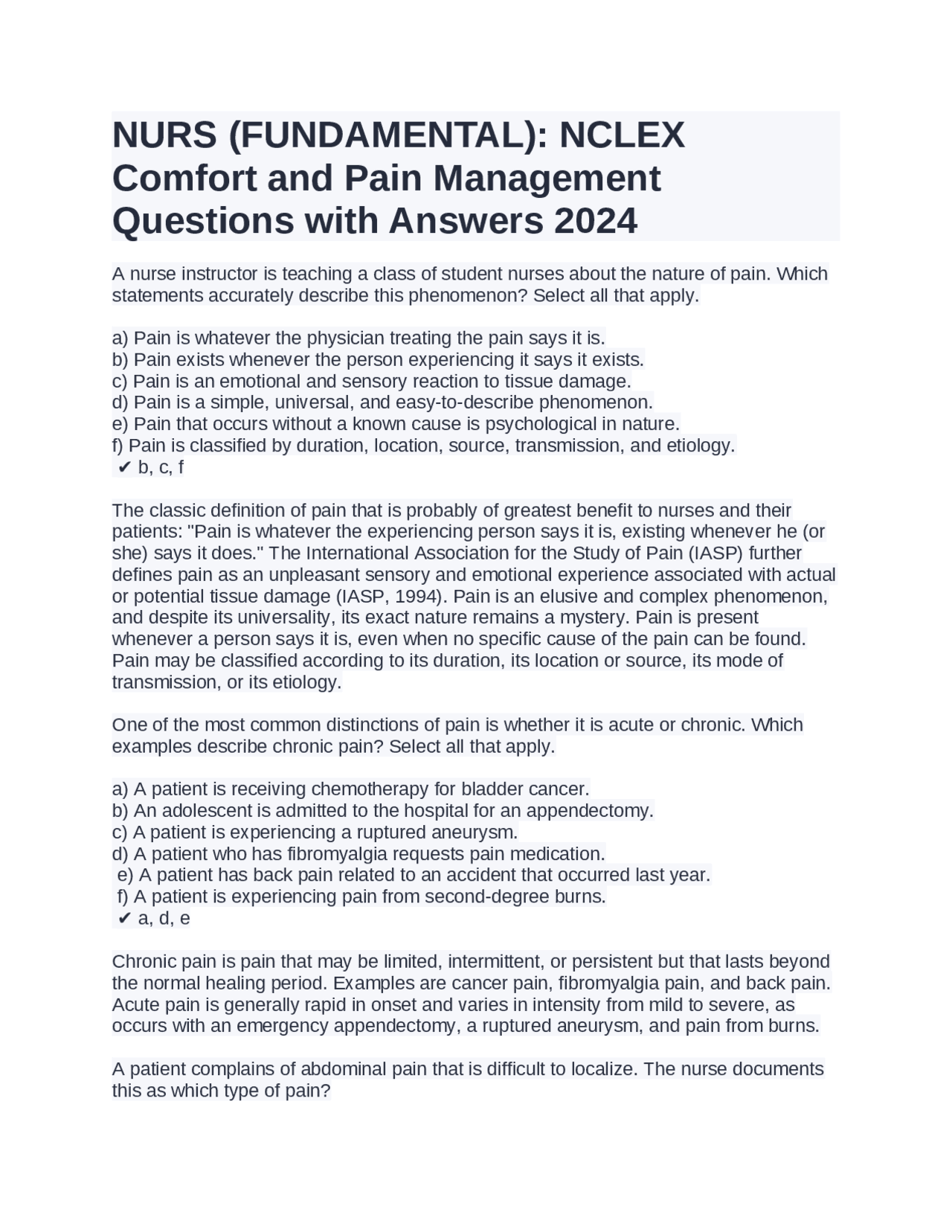 NURS (FUNDAMENTAL): NCLEX Comfort and Pain Management Questions with ...