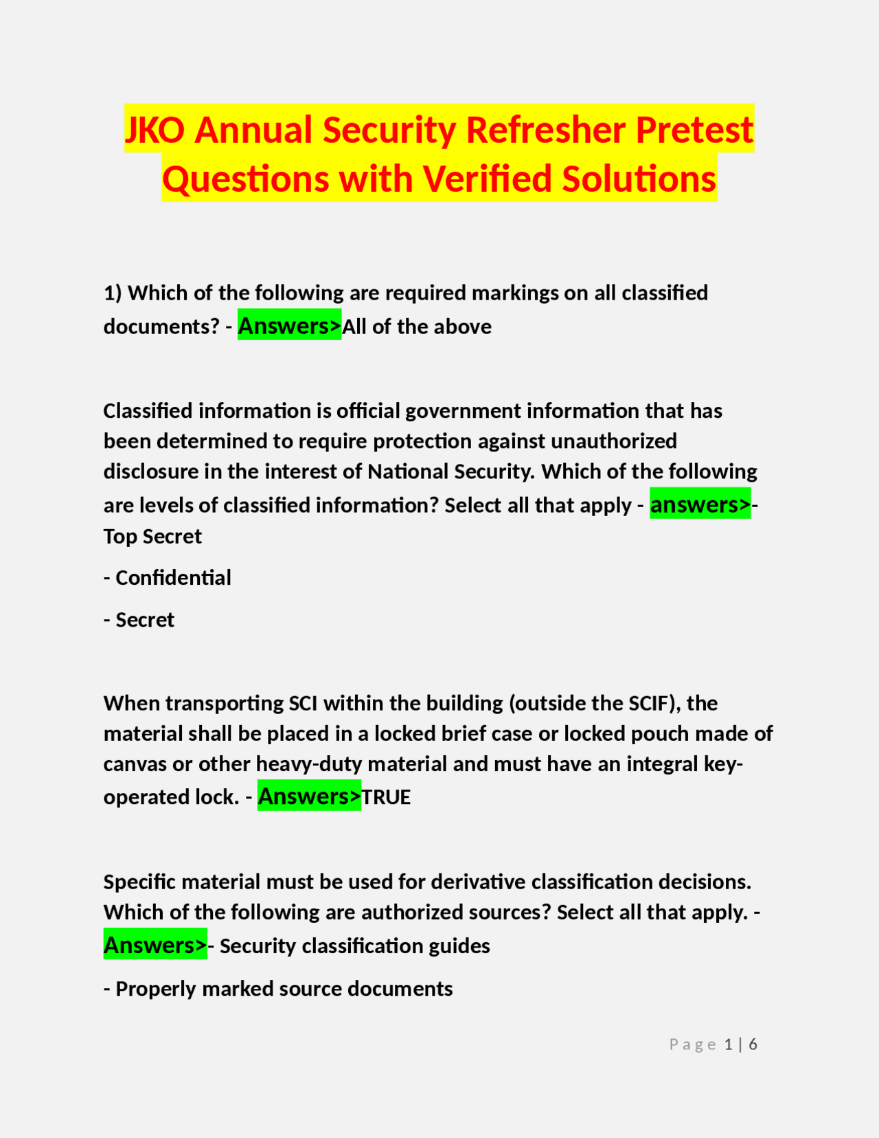 JKO Annual Security Refresher Pretest Questions with Verified Solutions ...