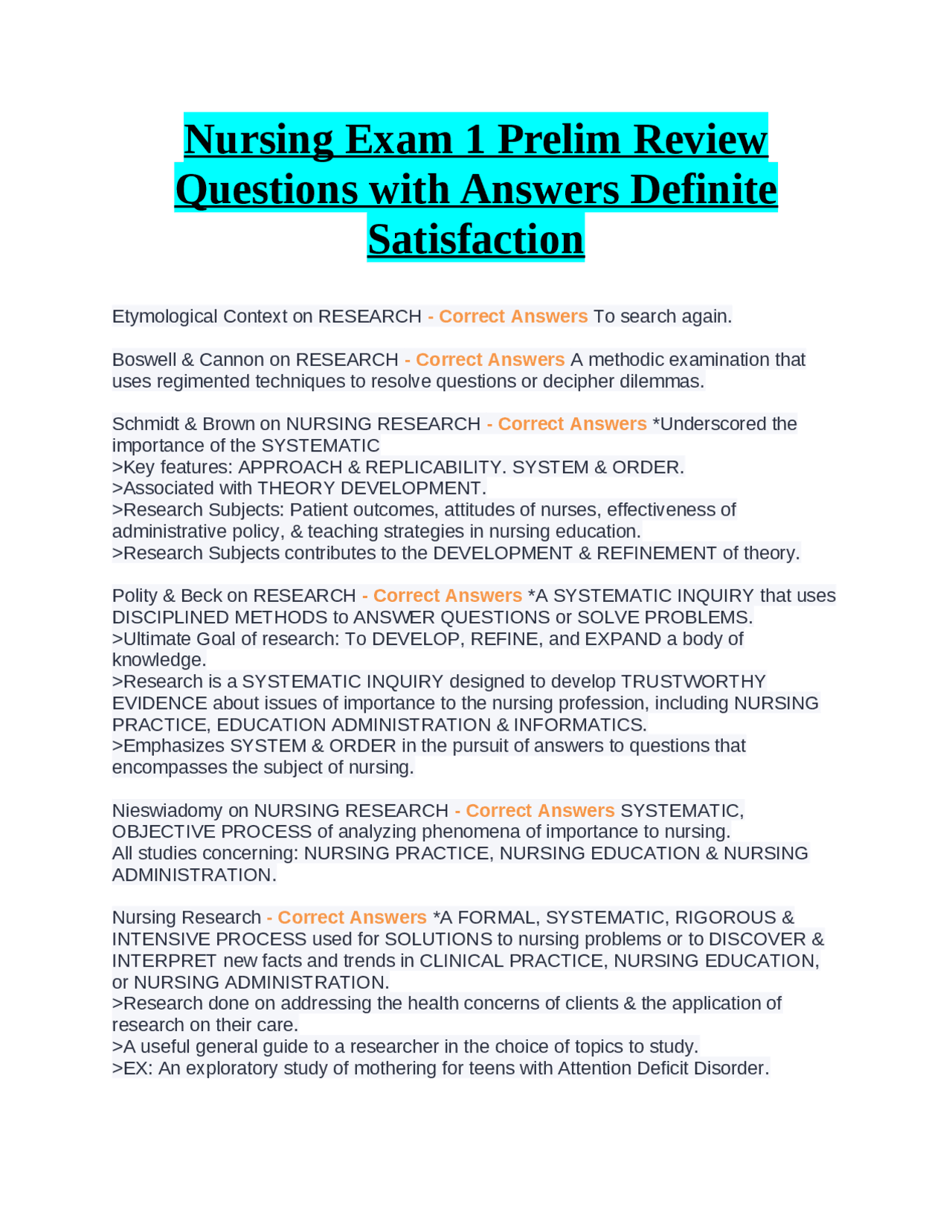 Nursing Exam 1 Prelim Review Questions with Answers Definite ...