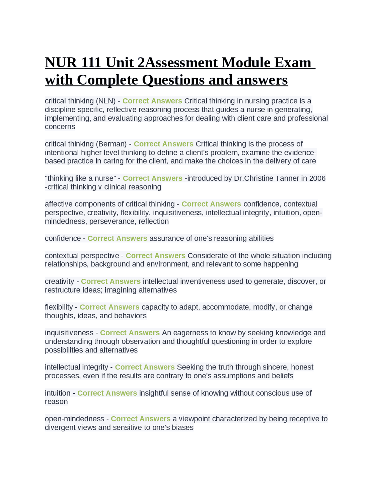 NUR 111 Unit 2Assessment Module Exam with Complete Questions and ...