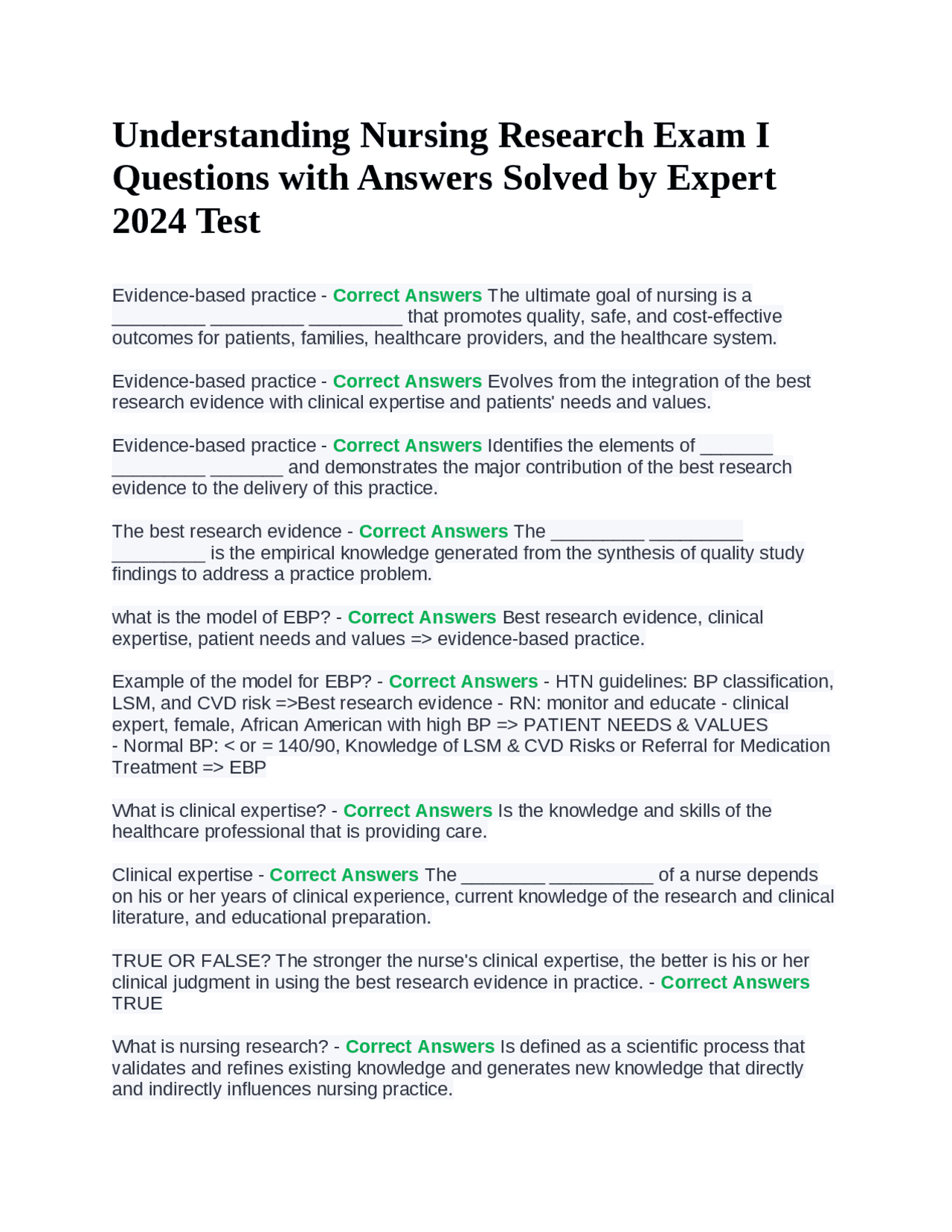 Understanding Nursing Research Exam I Questions with Answers Solved by ...