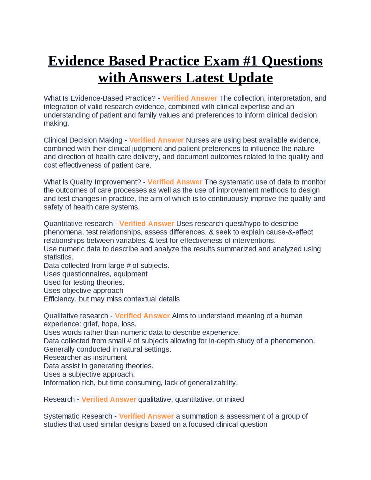 Evidence Based Practice Exam #1 Questions with Answers Latest Update ...