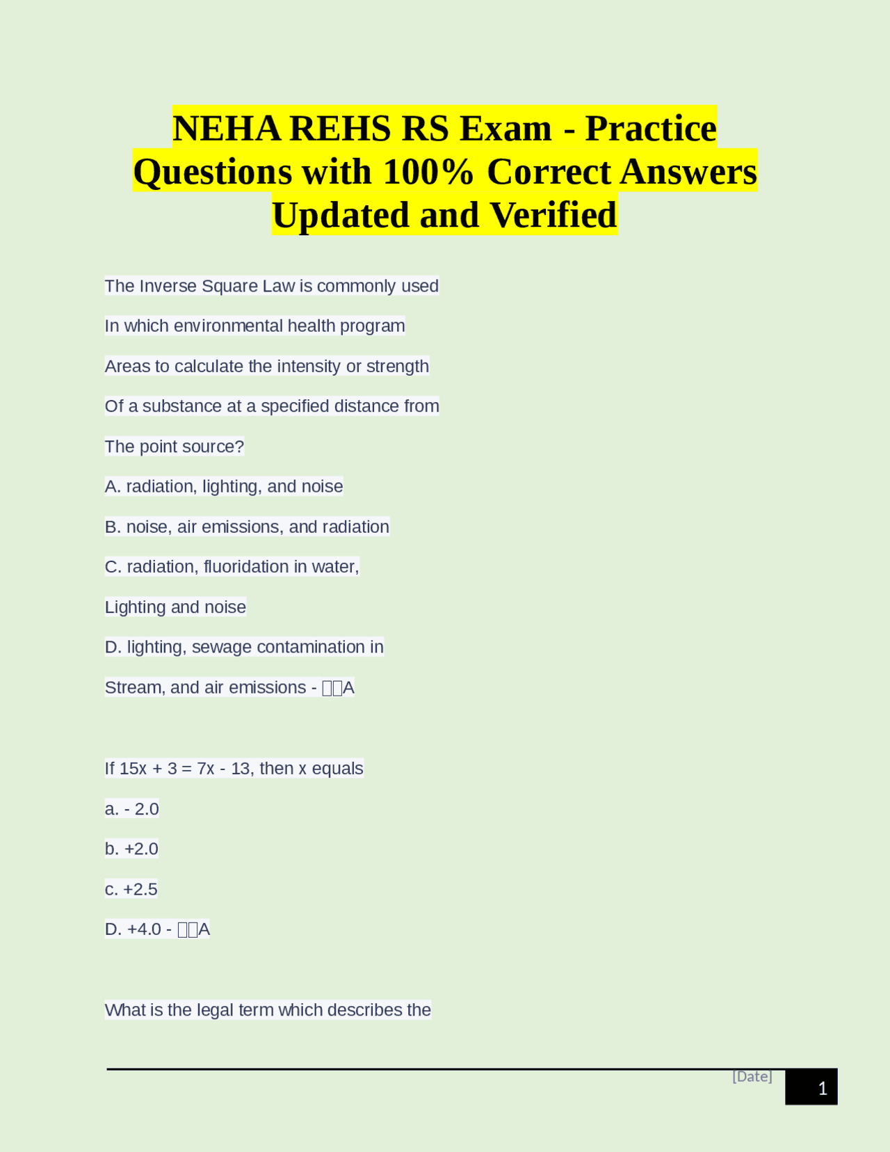 NEHA REHS RS Exam - Practice Questions with 100% Correct Answers ...