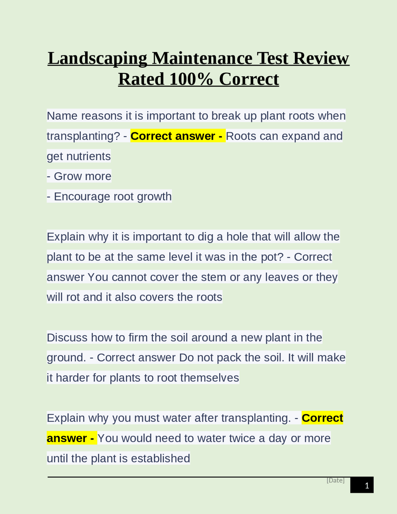 Landscaping Maintenance Test Review Rated 100% Correct | Exams Nursing ...