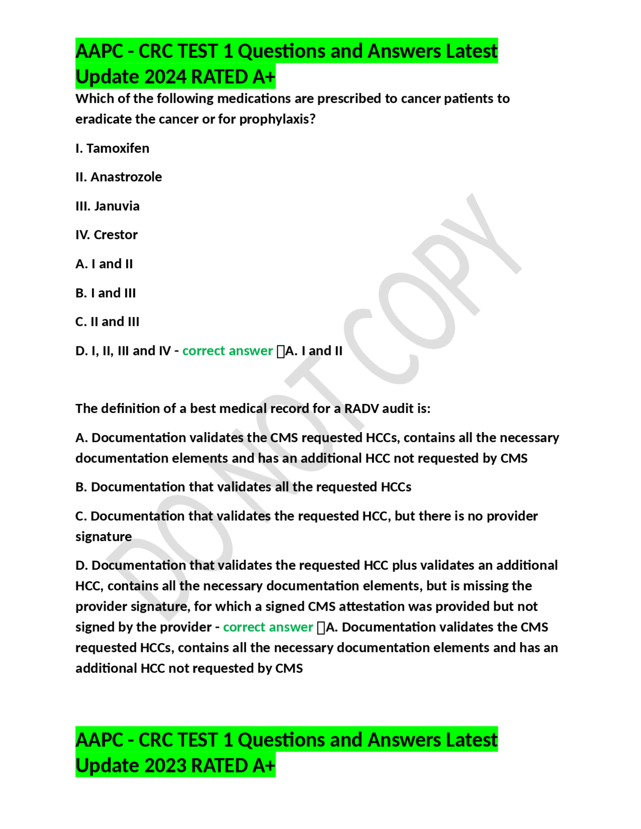 AAPC - CRC TEST 1 Questions and Answers Latest Update 2024 RATED A+ ...