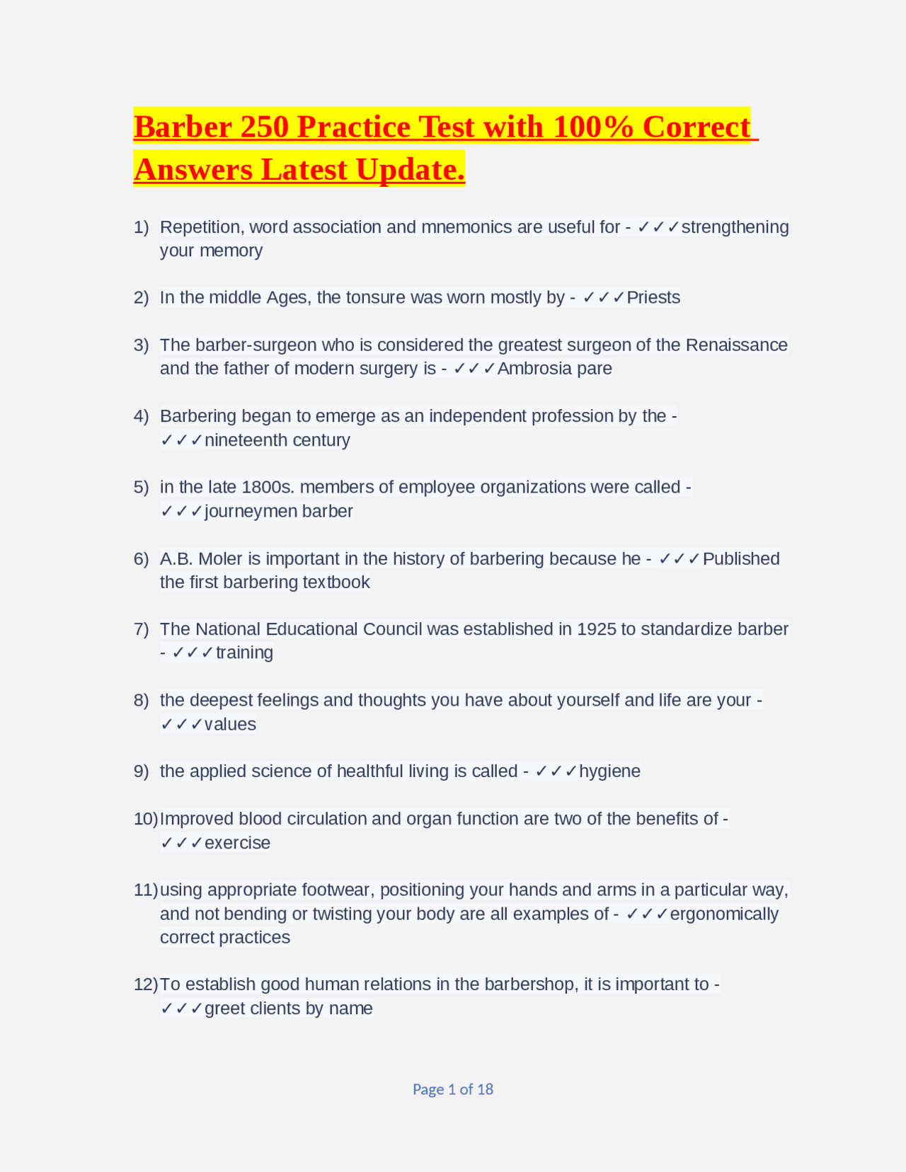 Barber 250 Practice Test with 100% Correct Answers Latest Update ...