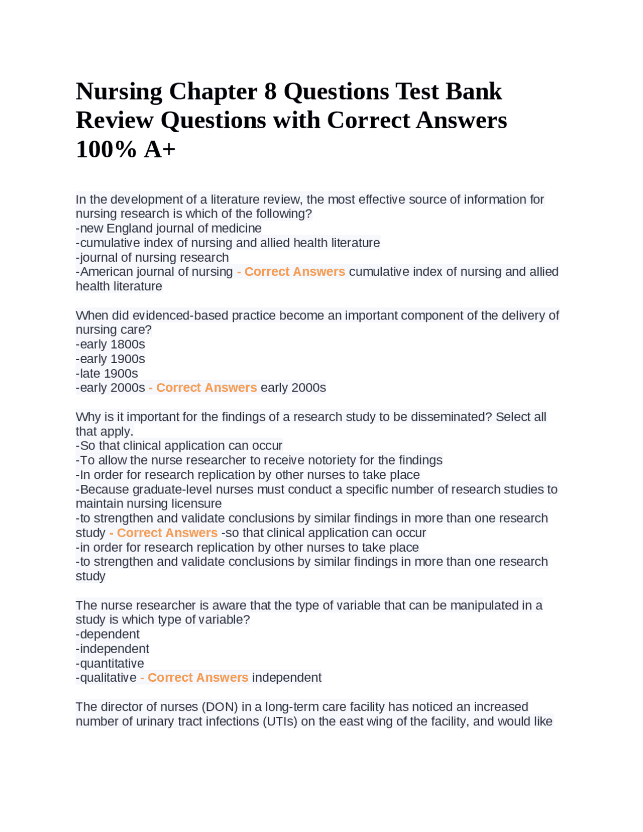 Nursing Chapter 8 Questions Test Bank Review Questions with Correct ...