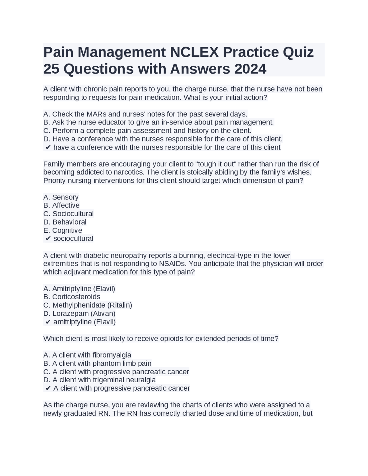 Pain Management NCLEX Practice Quiz: 25 Questions with Answers for ...